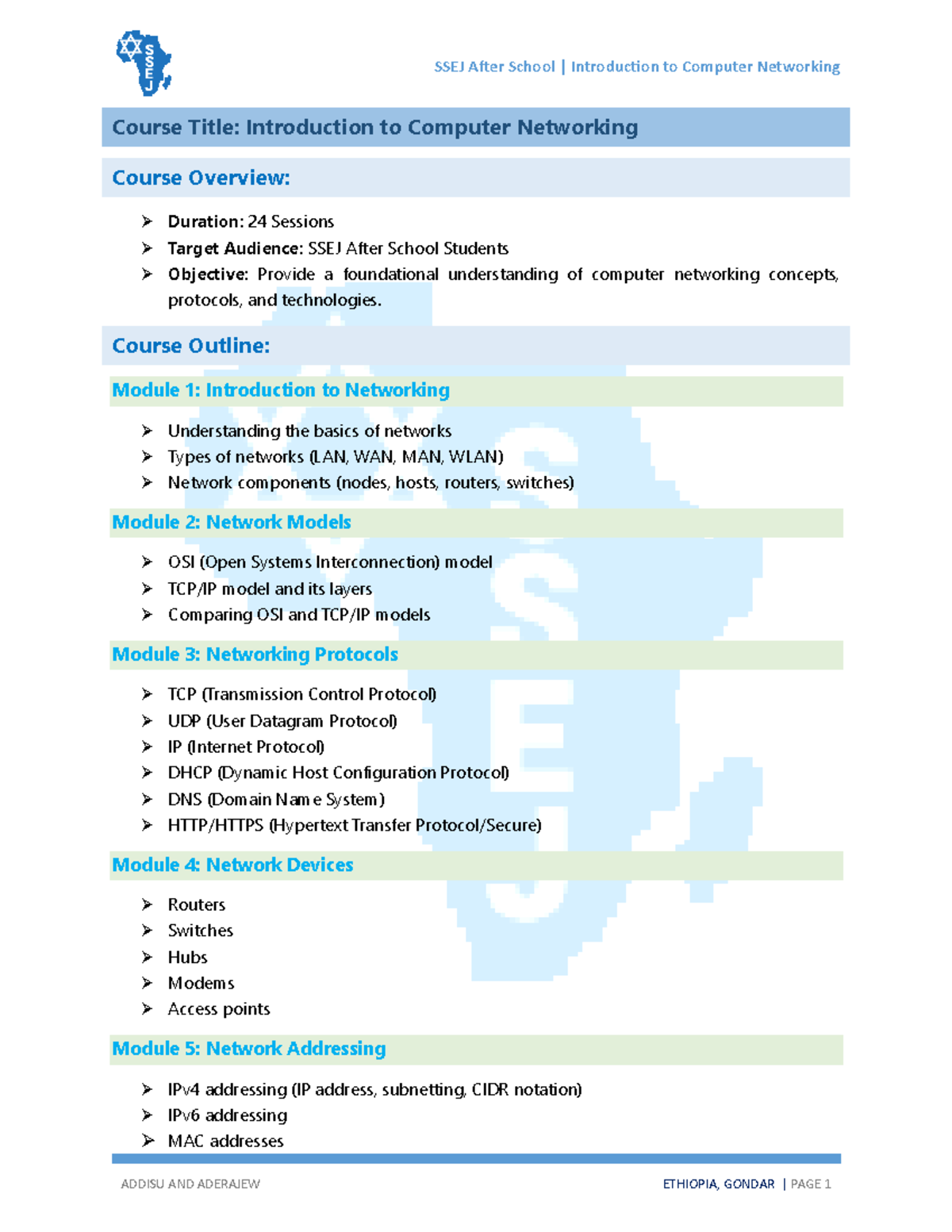 Syllabus of networking - SSEJ After School | Introduction to Computer ...