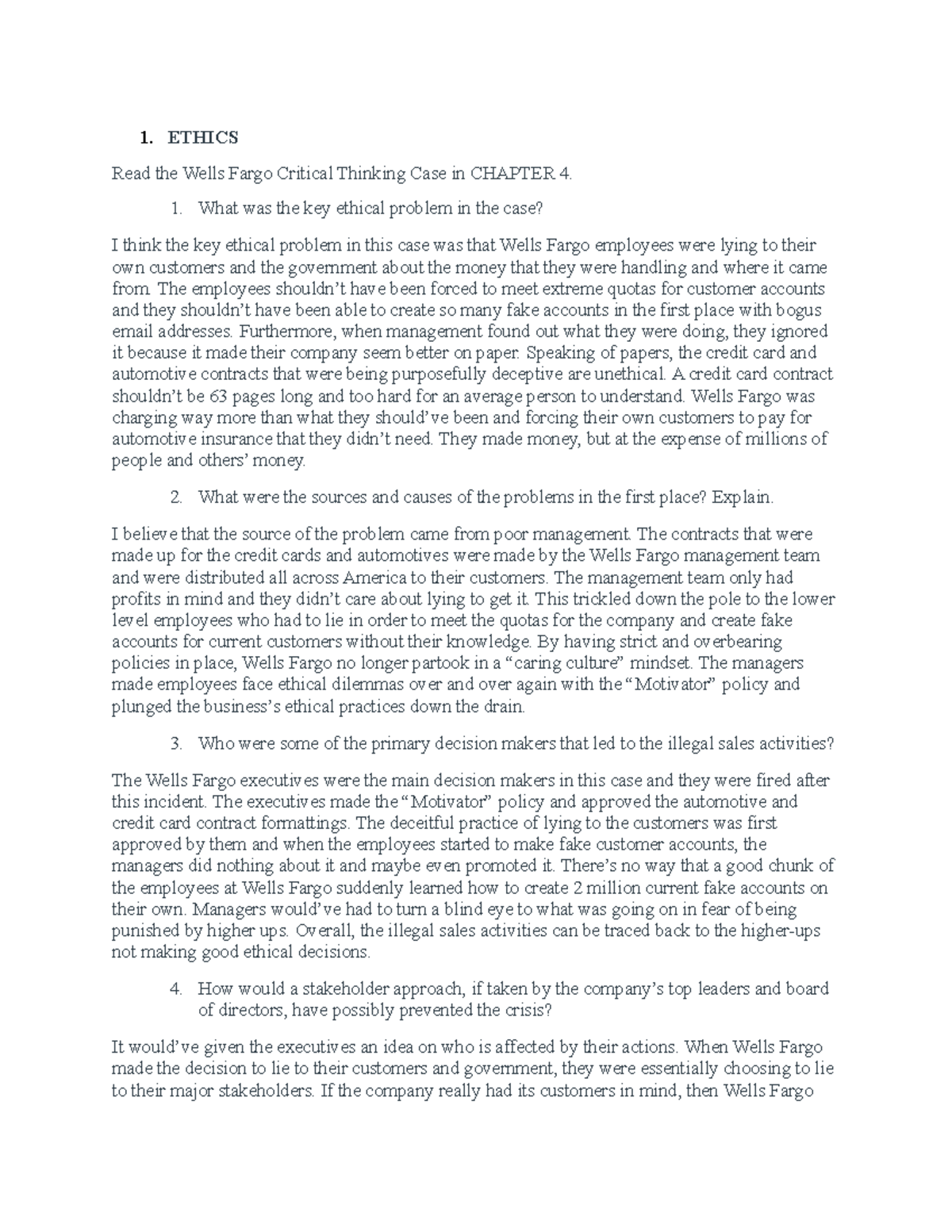 Management Midterm - 1. ETHICS Read the Wells Fargo Critical Thinking ...