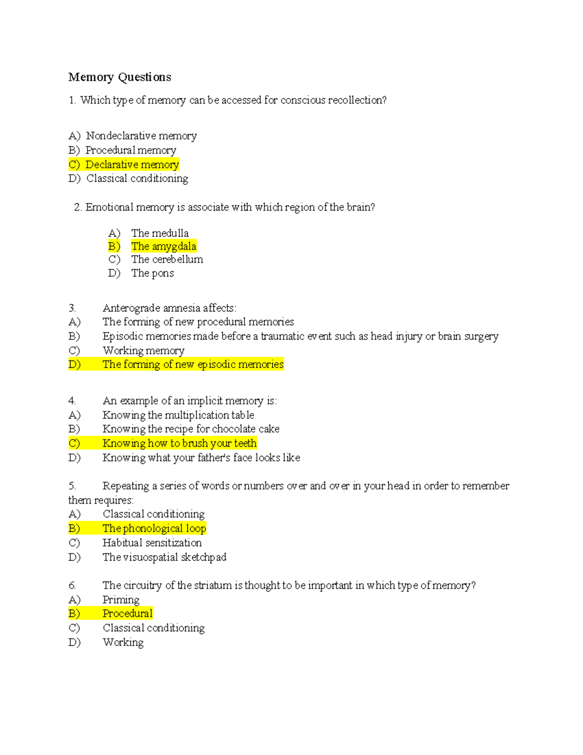Memory Questions - Which type of memory can be accessed for conscious ...