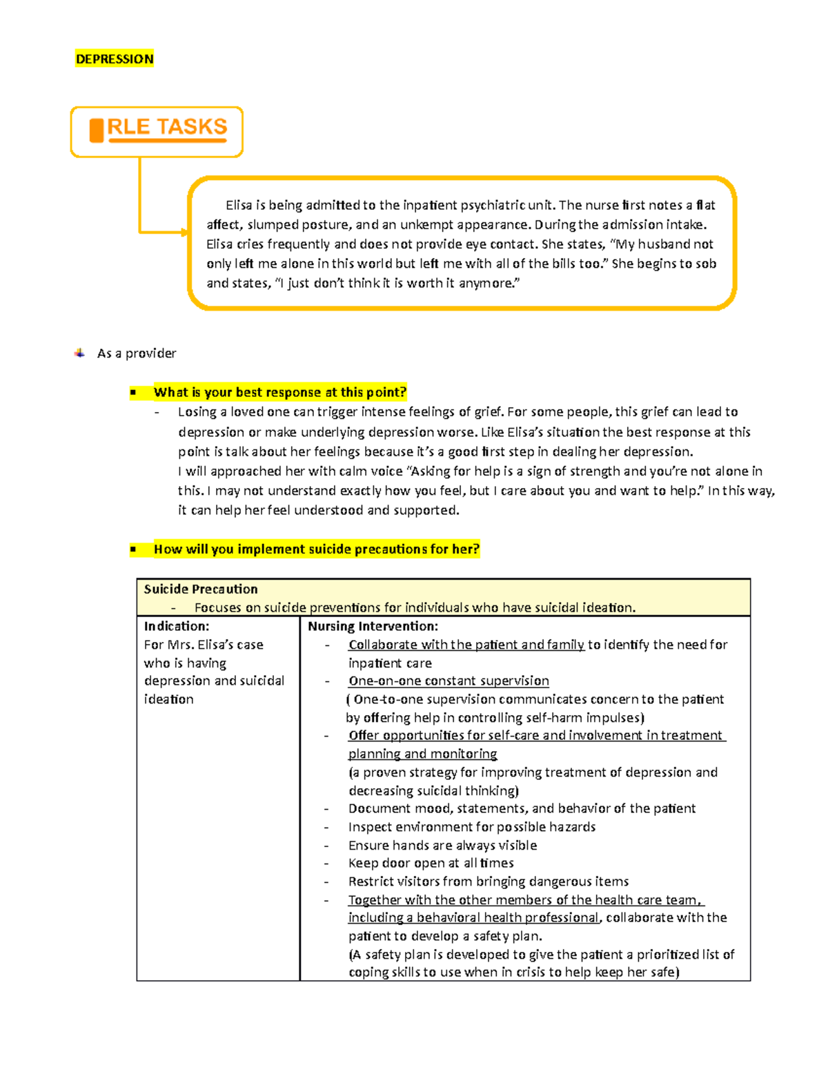 Intensive Nursing Practicum - Depression - DEPRESSION As a provider ...