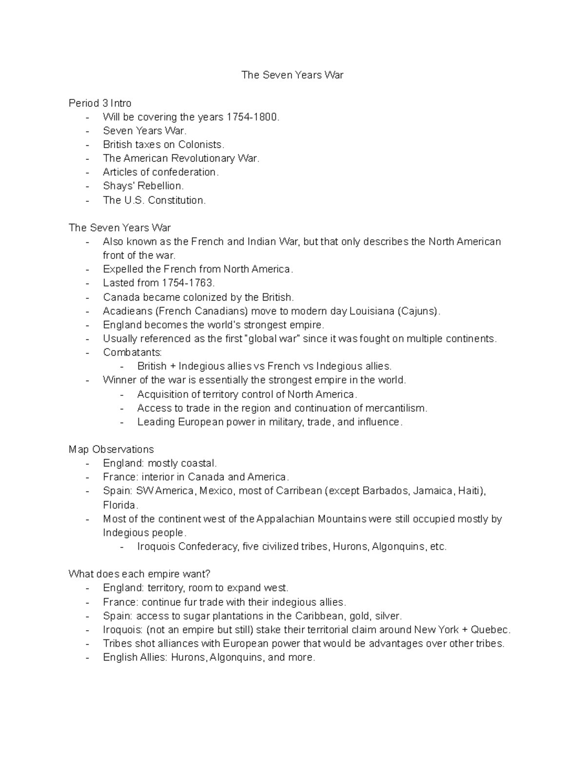 Lecture 3 - APUSH notes - The Seven Years War Period 3 Intro - Will be ...