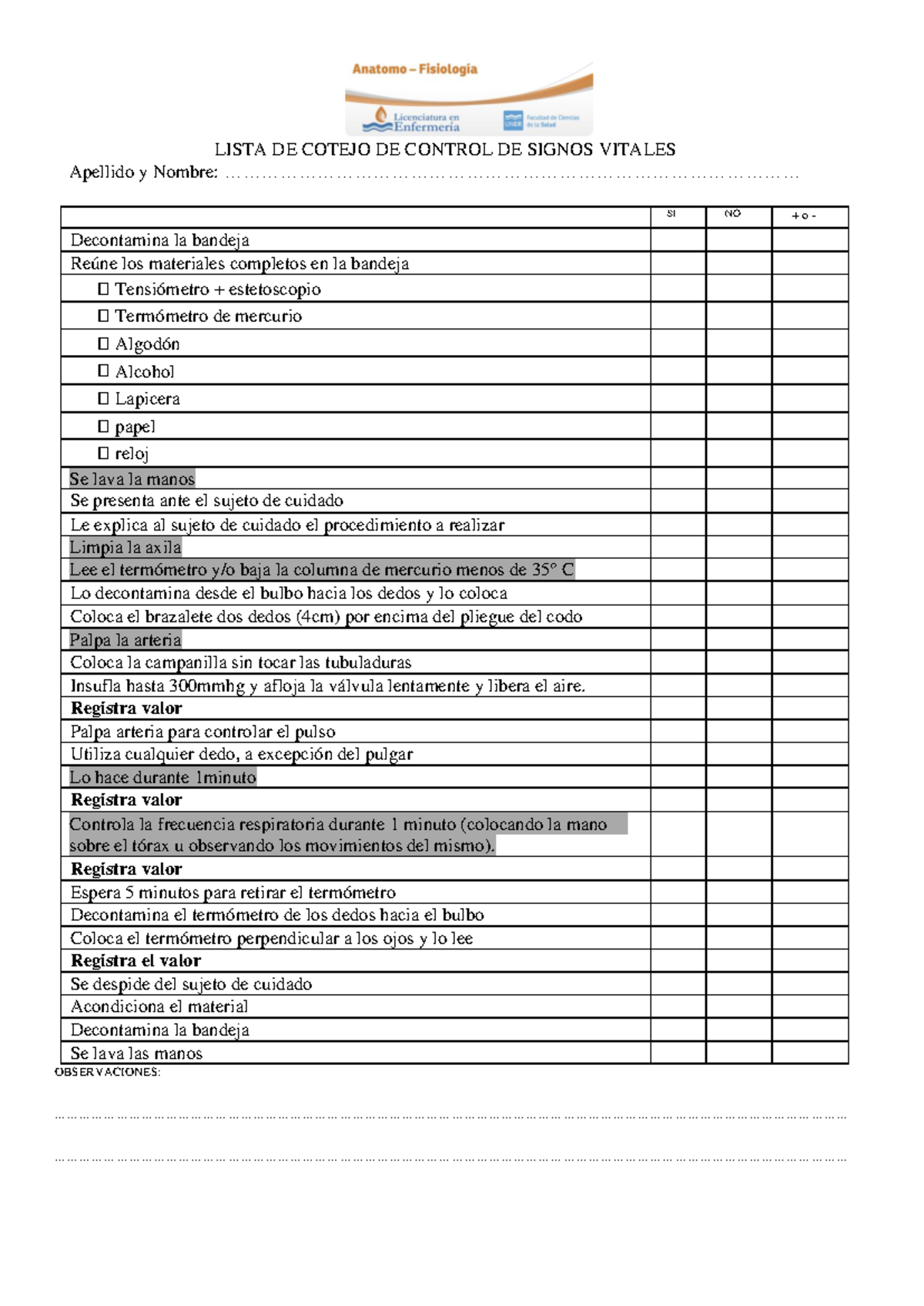 Lista DE Cotejo Signos Vitales - LISTA DE COTEJO DE CONTROL DE SIGNOS ...