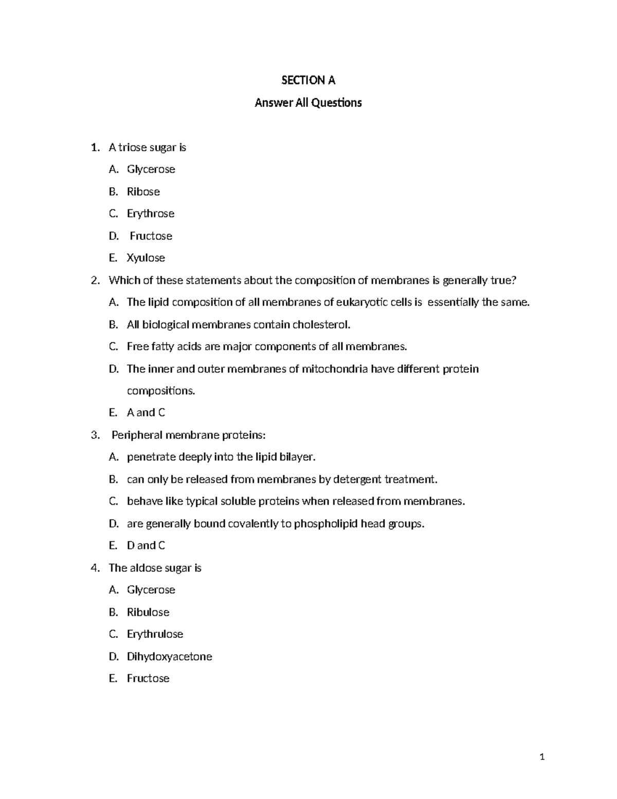 Emergency biochemistry paper - SECTION A Answer All Questions 1. A ...