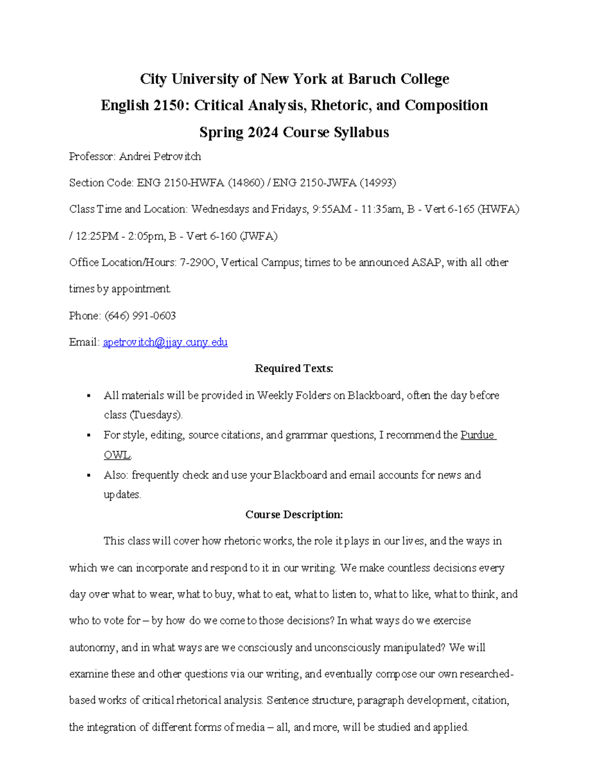 Baruch College Spring 2024 English 2150 - City University of New York ...