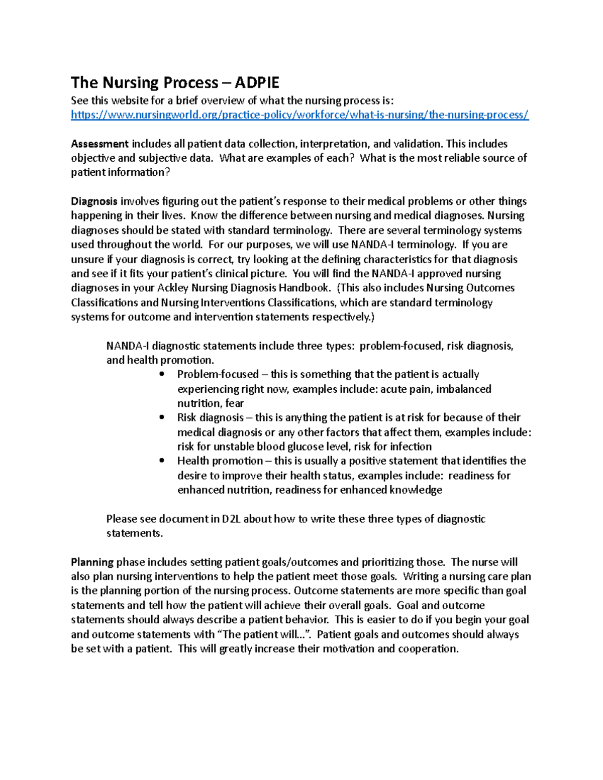 Nursing Process Key Points - The Nursing Process – ADPIE See this ...