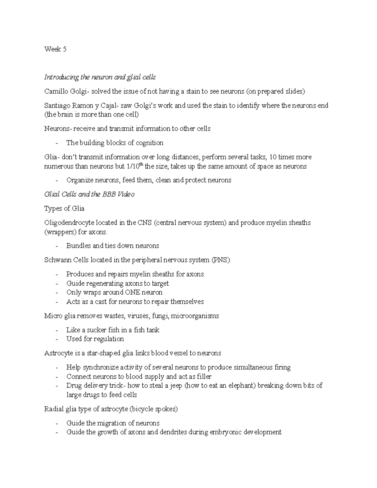 Bio Psych Notes week 5+6 - Week 5 Introducing the neuron and glial ...