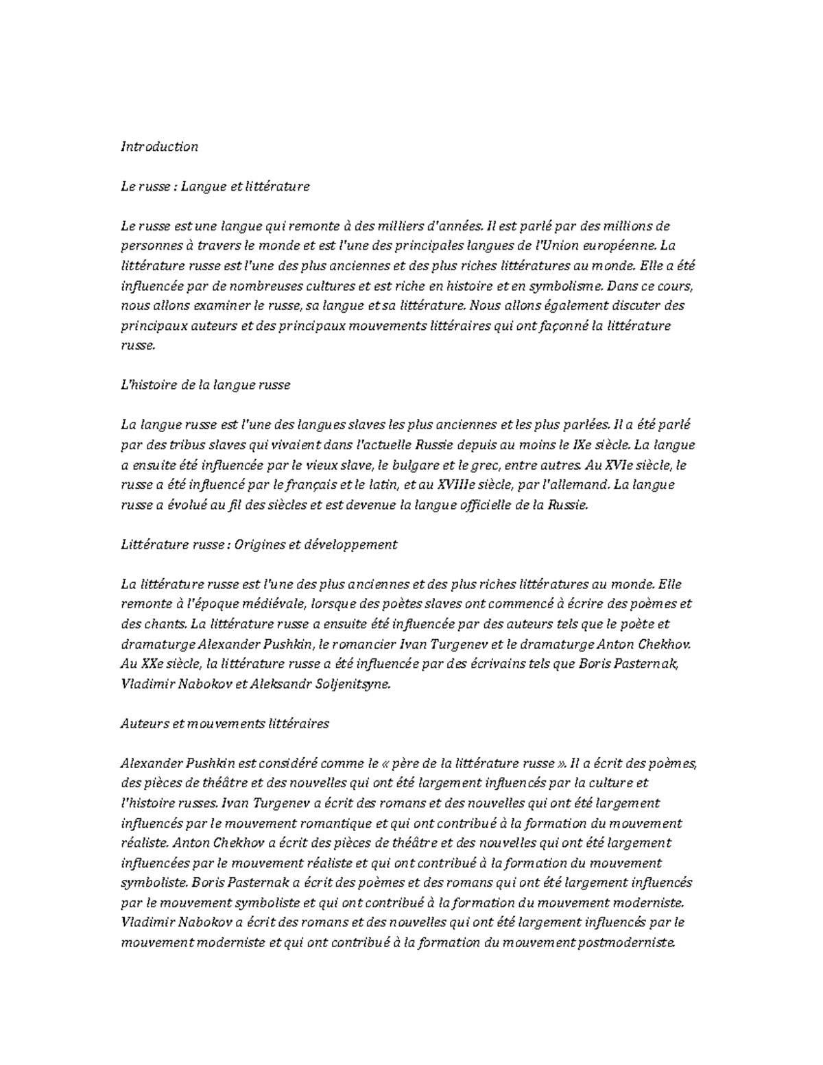 Russian Language and Literature Study Notes - Introduction Le russe ...