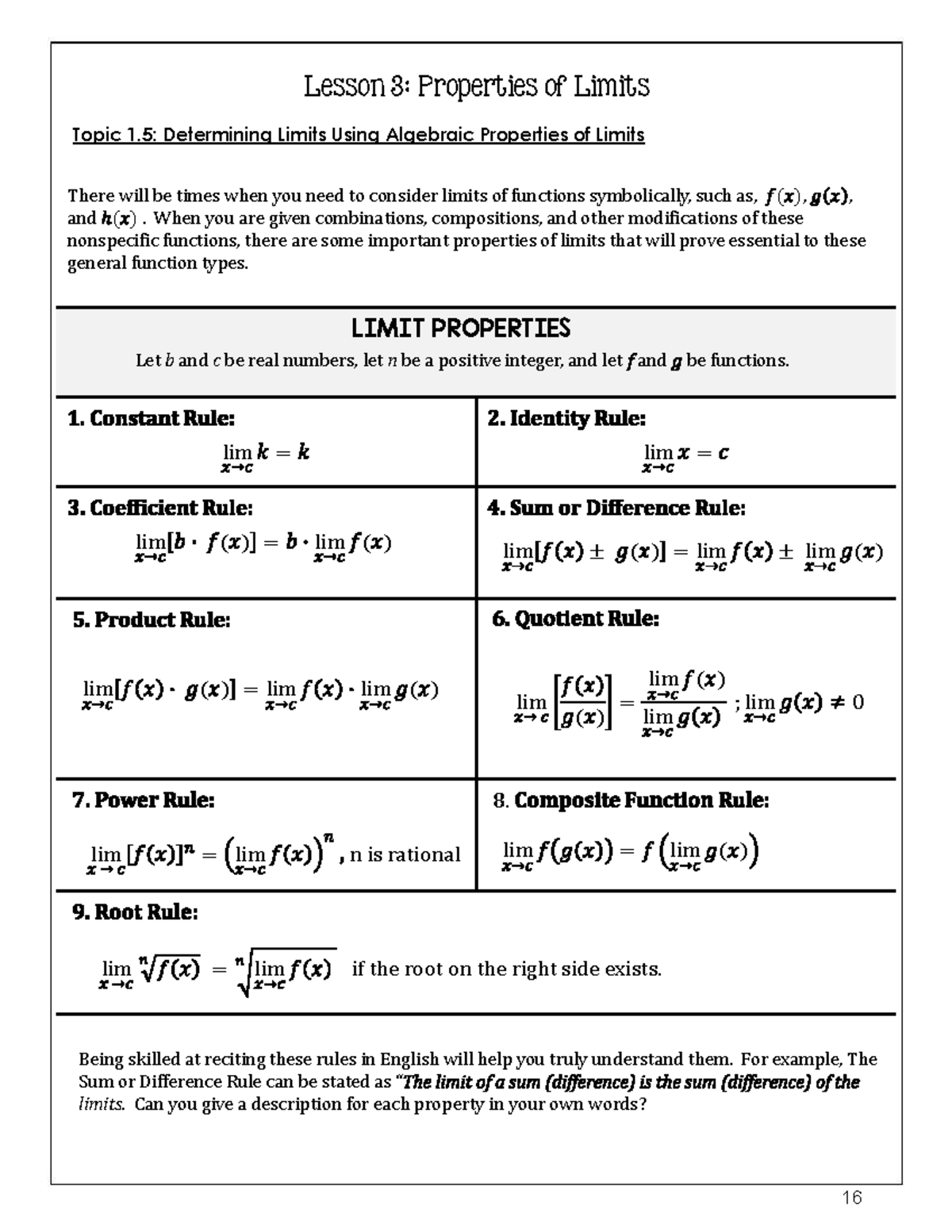 1.3 properties of limits (notes) - Lesson 3: Properties of Limits There ...