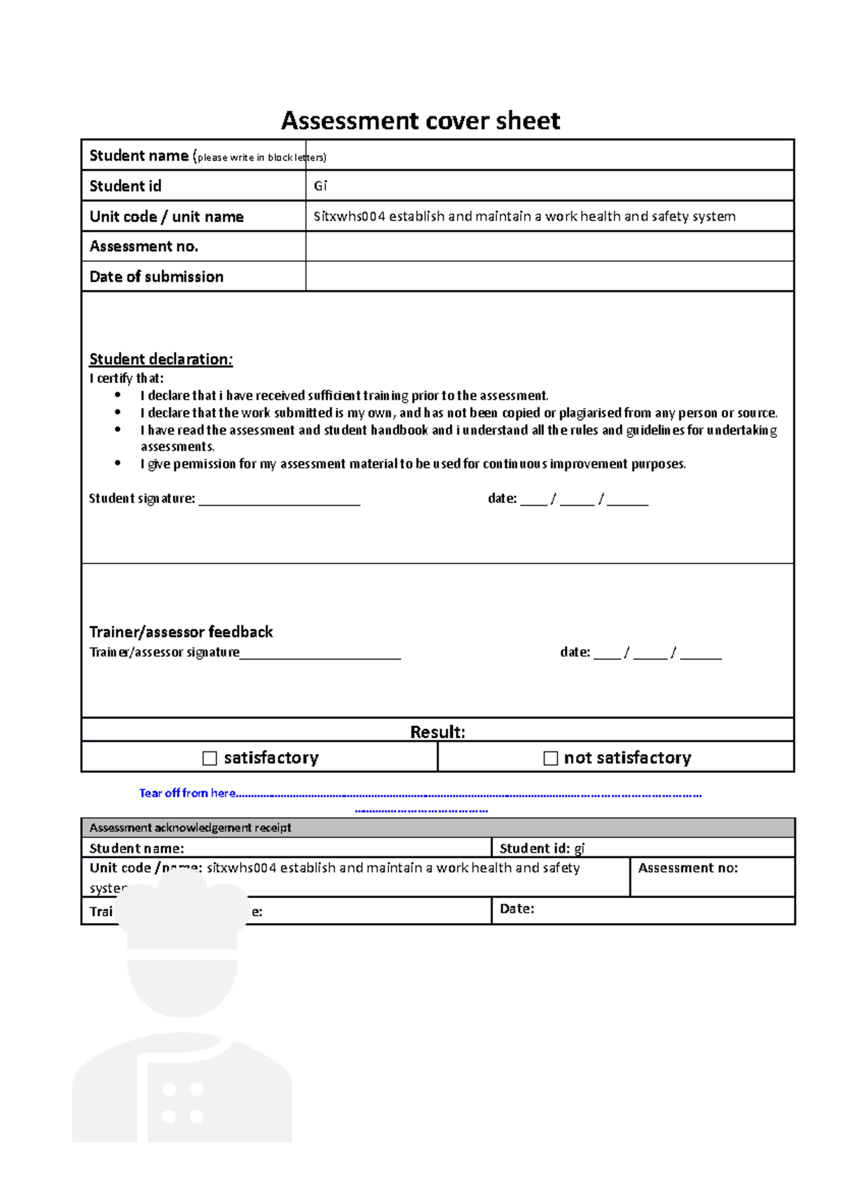 Sitxwhs 004 Assessment Tasks 1,2,3,4 - Assessment cover sheet Student ...