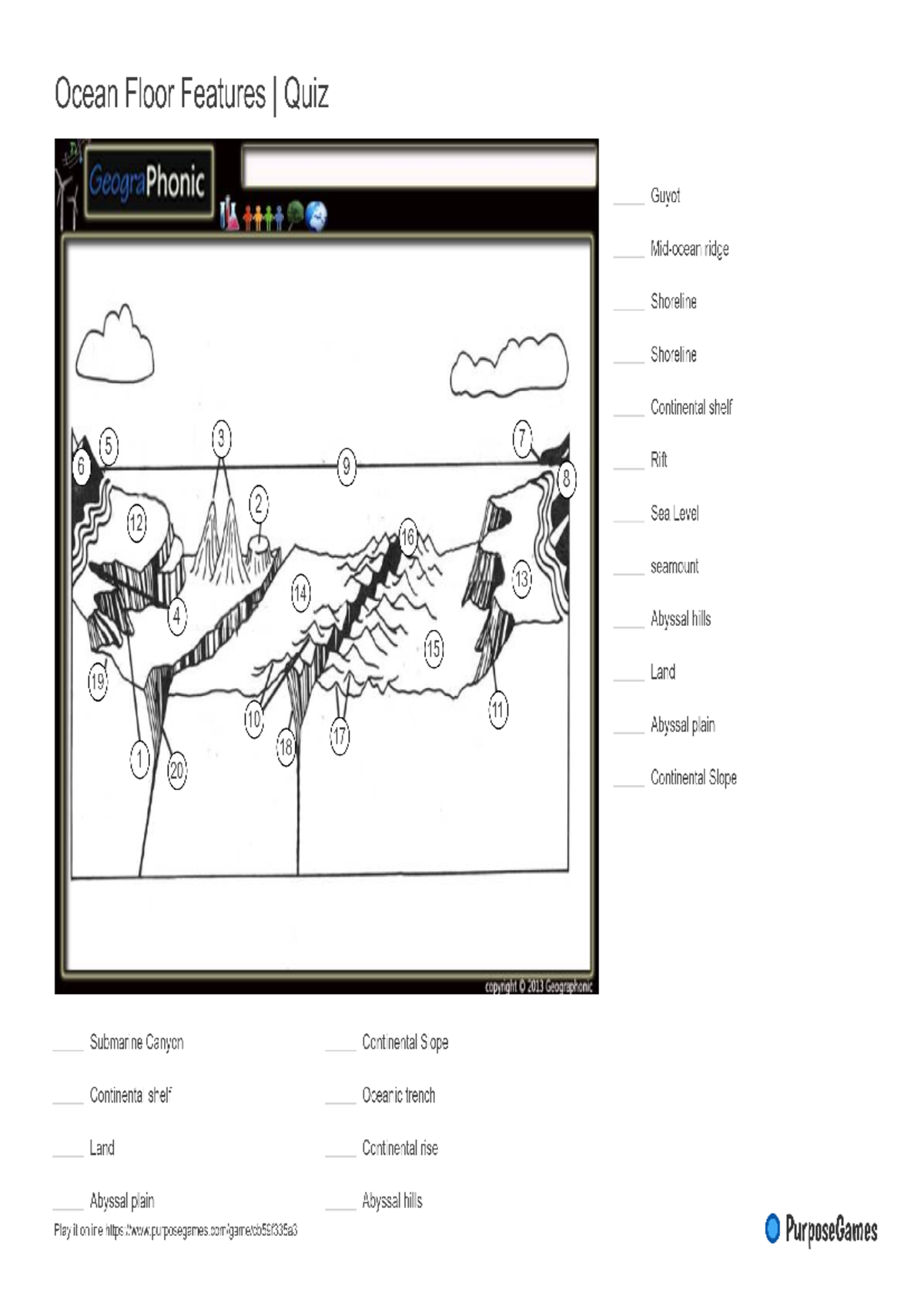 Worksheet - dddd - Ocean Floor Features Quiz Geogra Phonic Guyot ridge ...