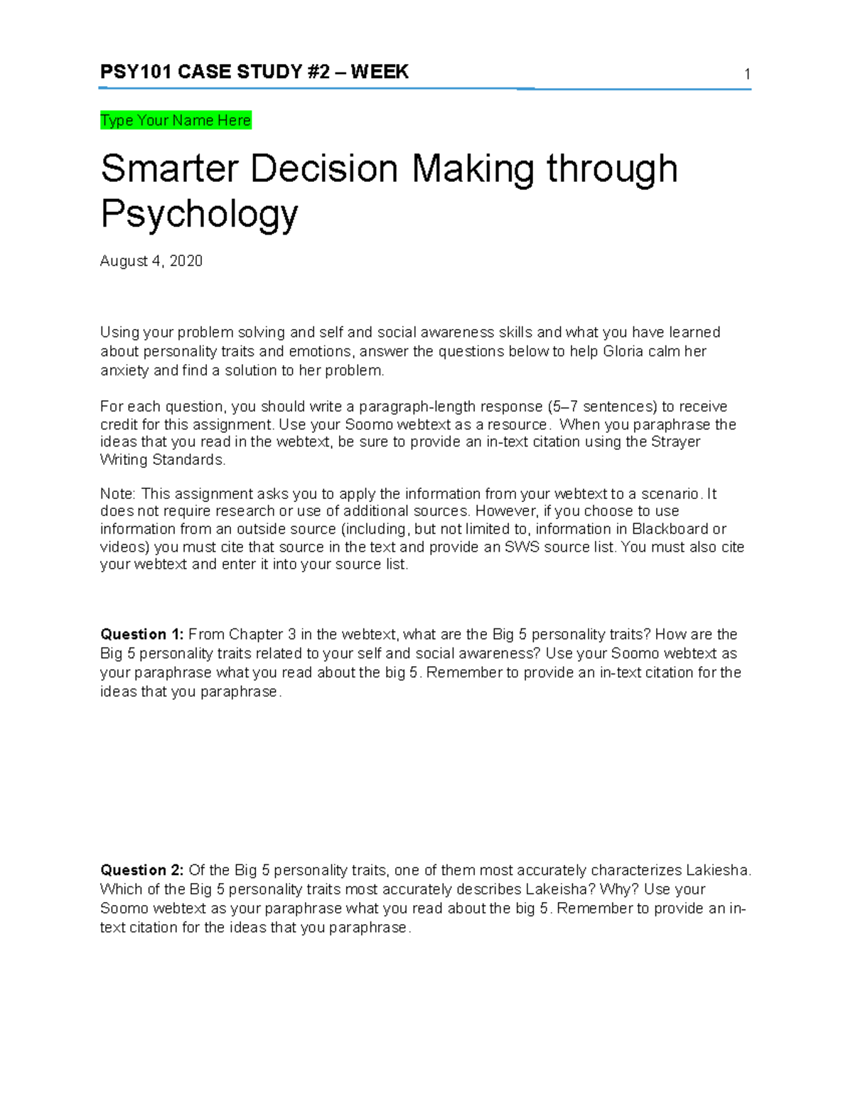 PSY101 Week7 Case Study 2 Template - Type Your Name Here Smarter ...