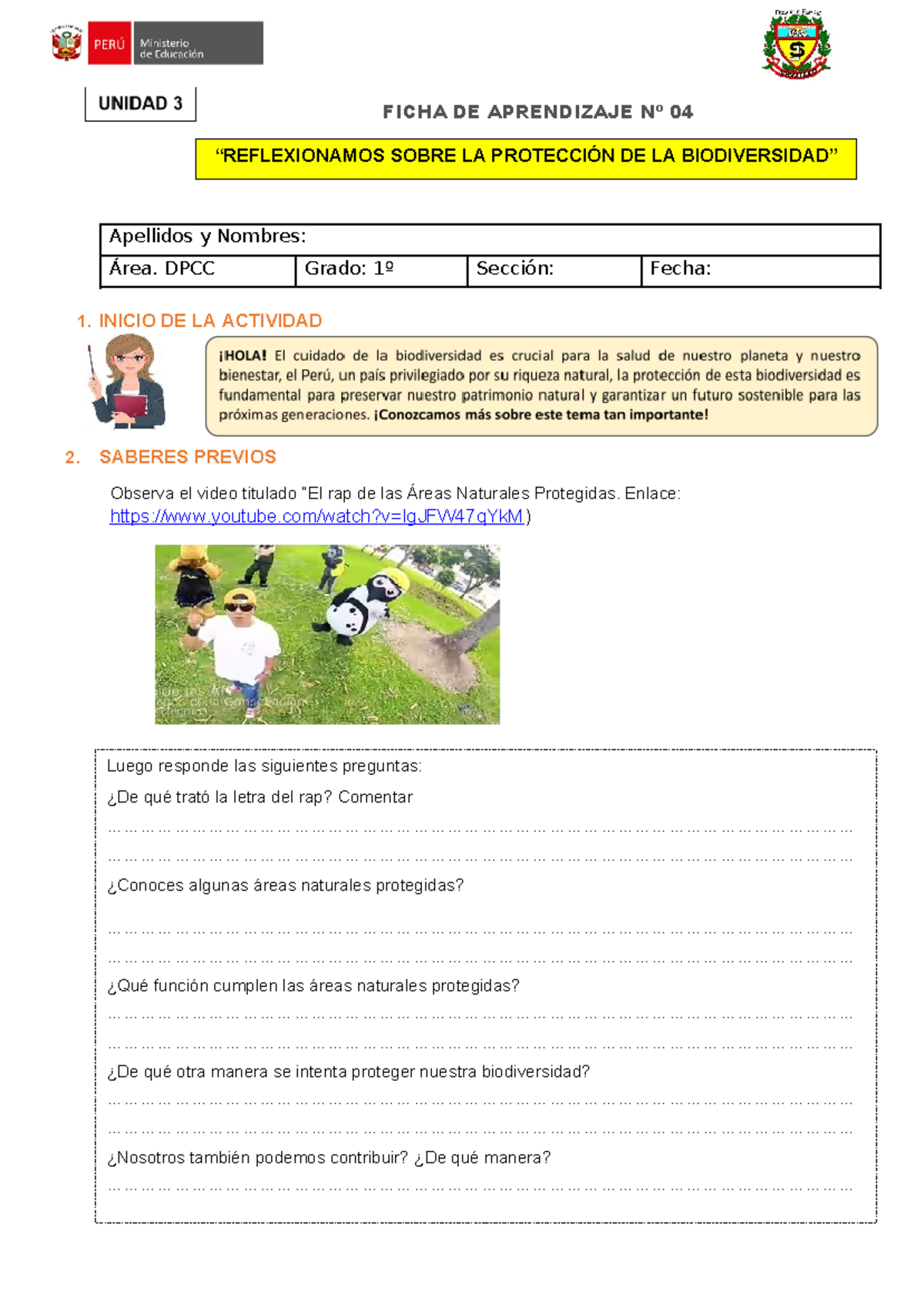 Ficha DE Aprendizaje N°4- 1° Grado - FICHA DE APRENDIZAJE Nº 04 Apellidos y Nombres: Área. DPCC ...