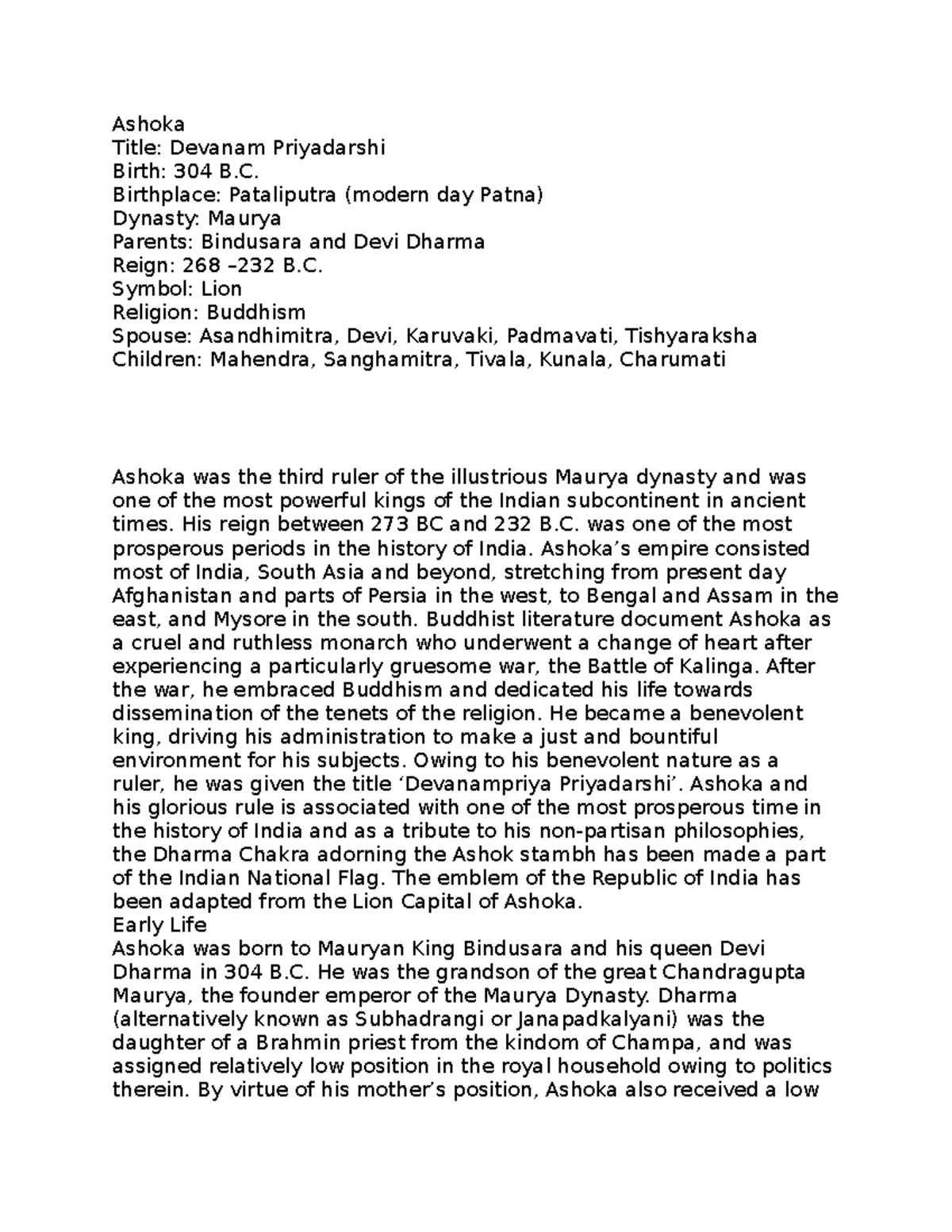 Ashoka - Ashoka Title: Devanam Priyadarshi Birth: 304 B. Birthplace ...