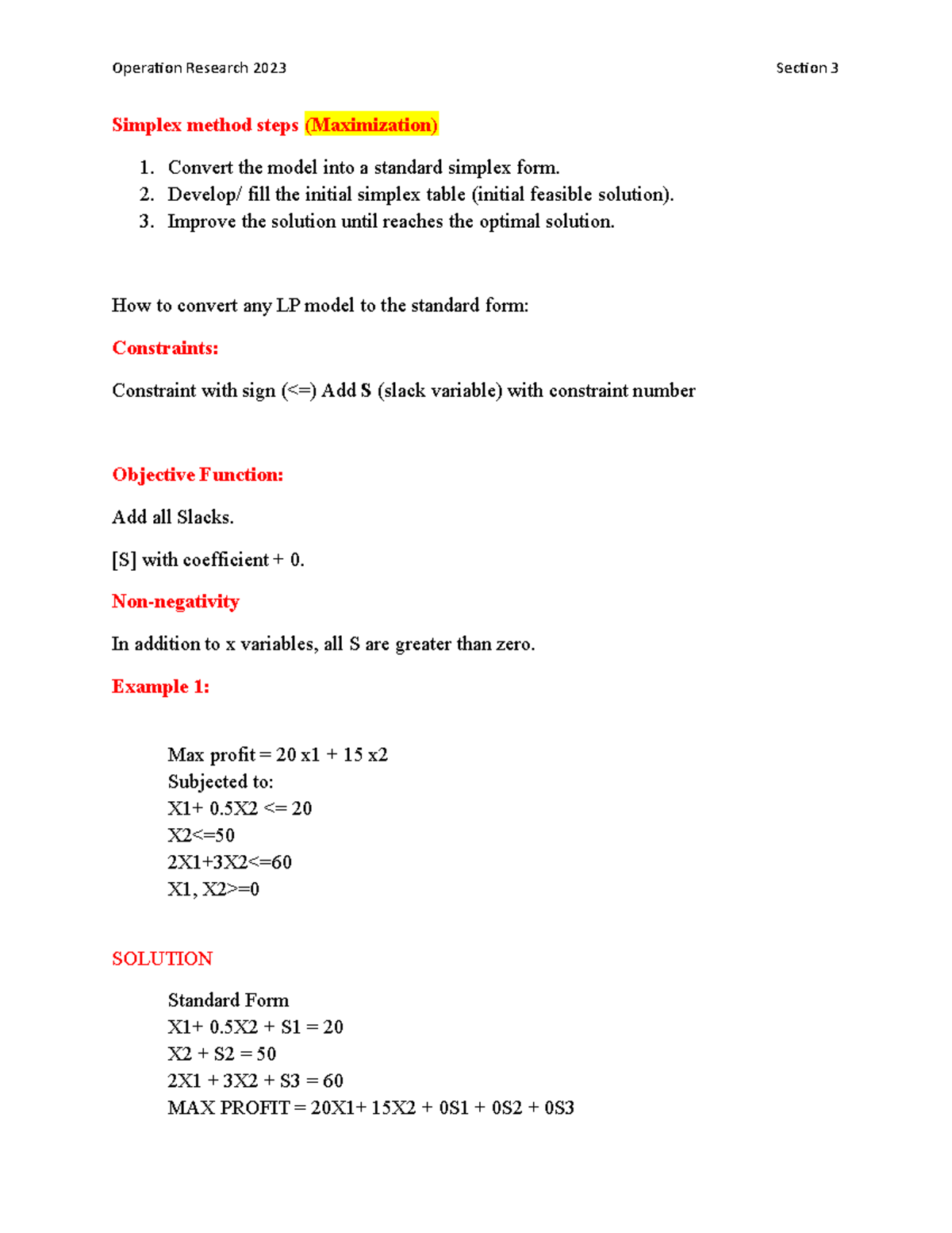 Simplex method - Convert the model into a standard simplex form. 2 ...