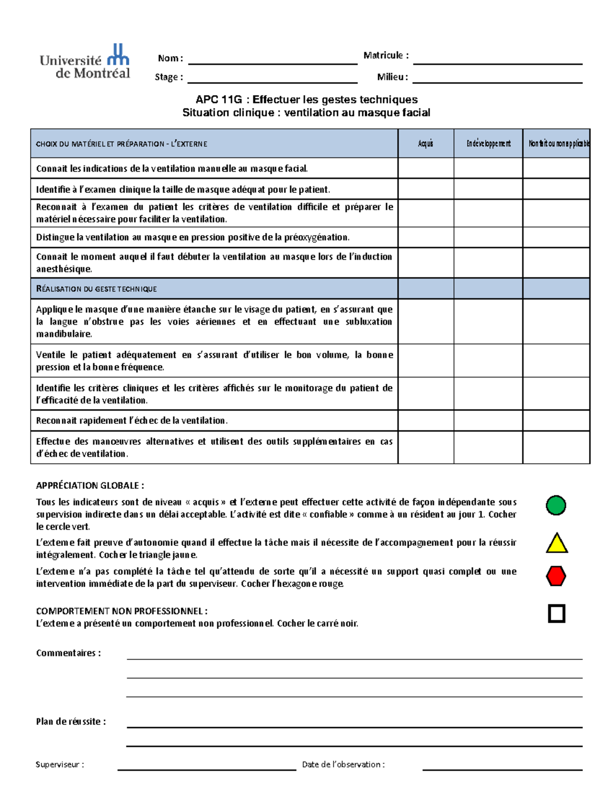 APC 11G ventilation au masque facial 2019 - Nom : Matricule : Stage ...