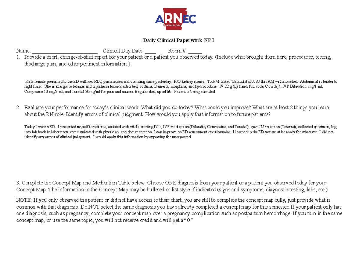 Arnec Daily Clinical Paperwork Practicum III Clinical Day 11 - Daily ...