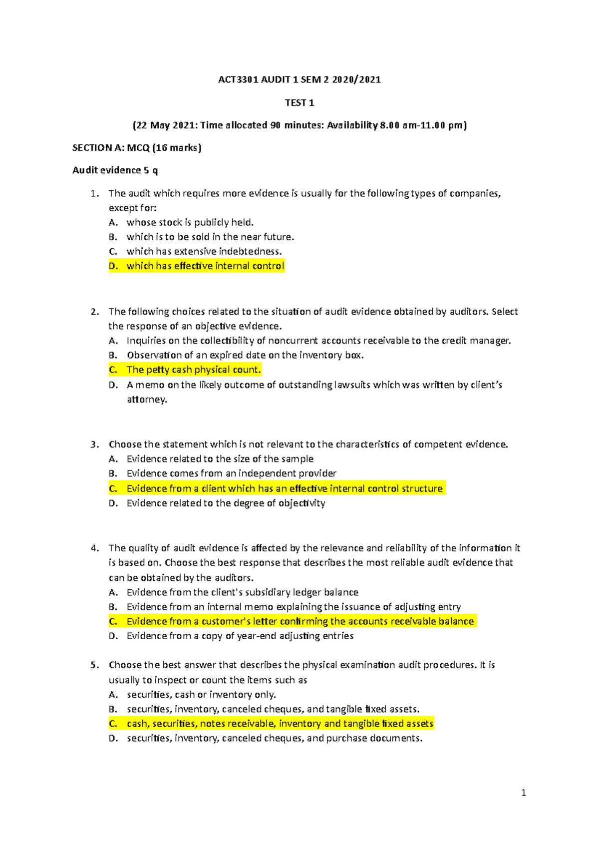 Test 1 Q (and answers) audit - ACT3301 AUDIT 1 SEM 2 2020/ TEST 1 (22 ...