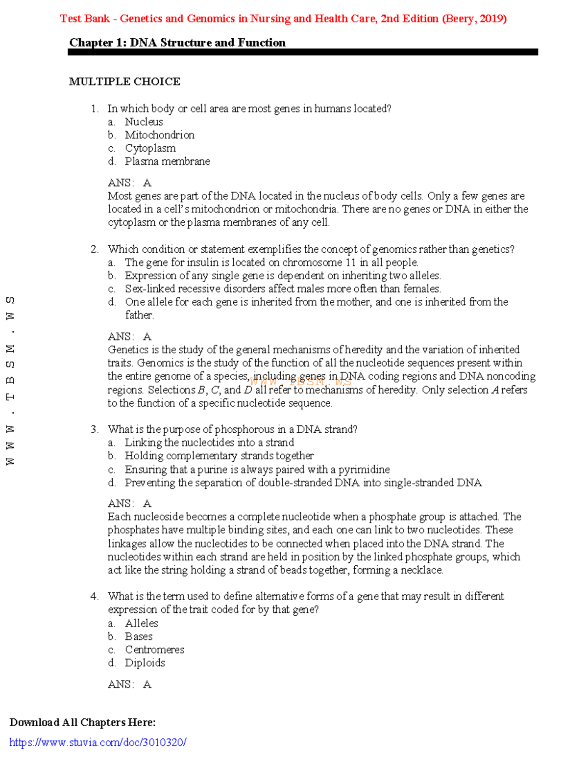 Test Bank - Genetics and Genomics in Nursing and Health Care, 2nd ...
