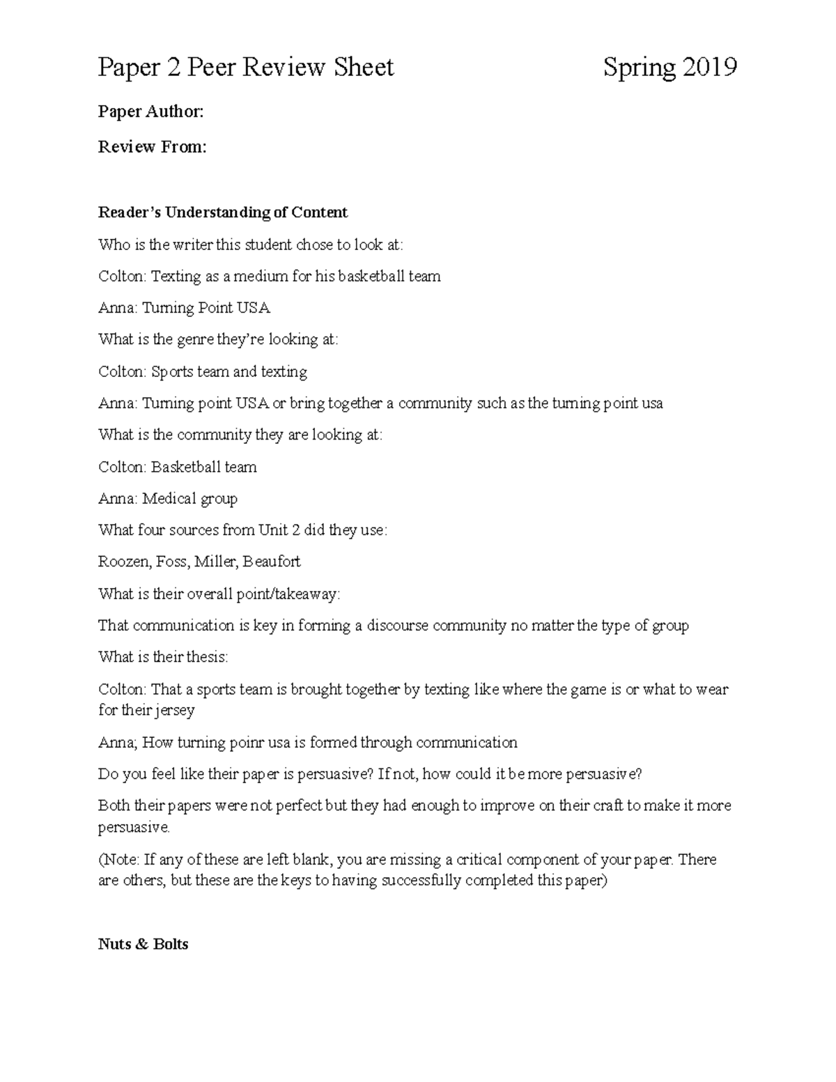 MP2 Peer Review Sheet 1101 - Paper 2 Peer Review Sheet Spring 2019 ...