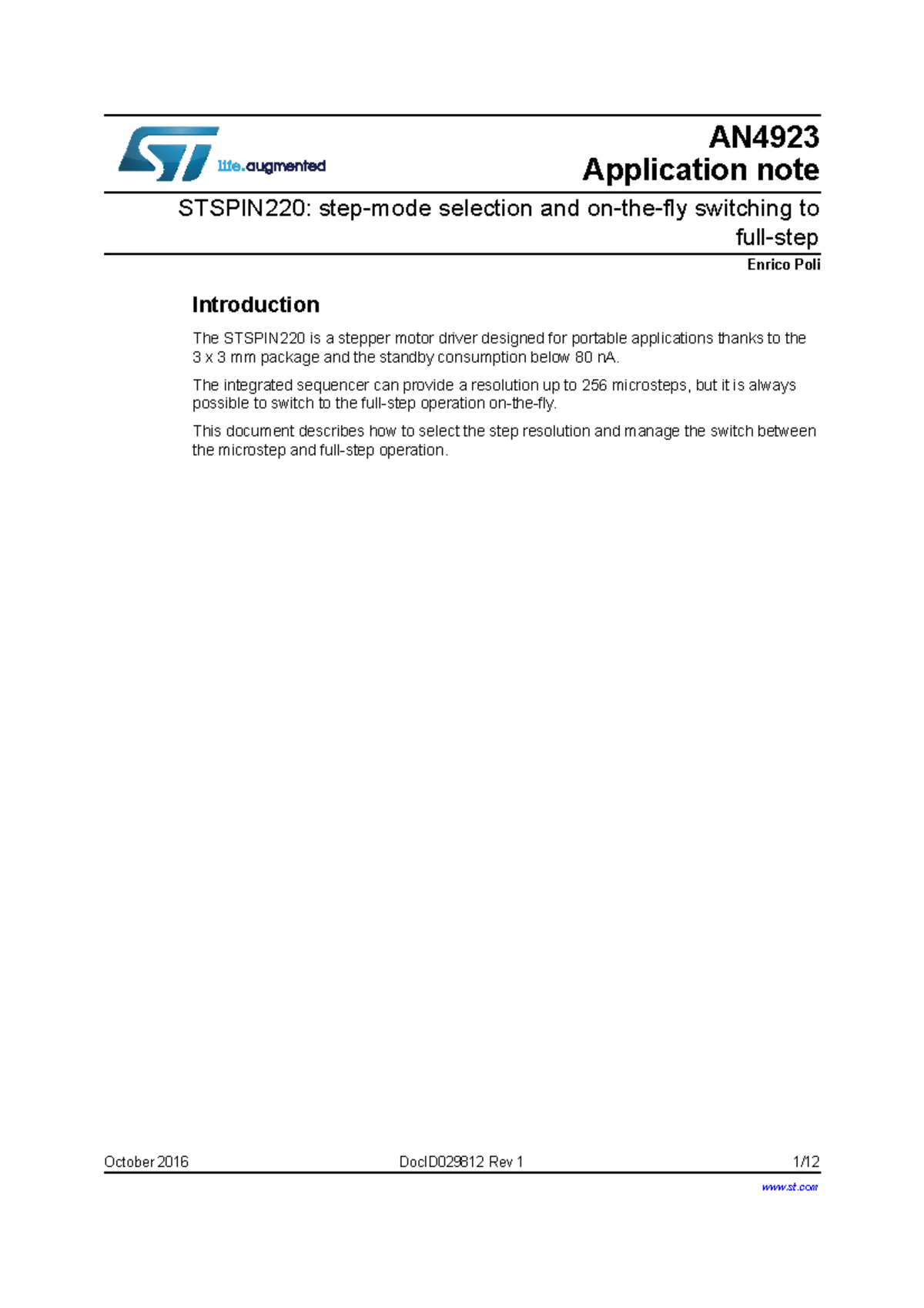 An4923-stspin 220-stepmode-selection-and-onthefly-switching-to-fullstep-stmicroelectronics - Studocu