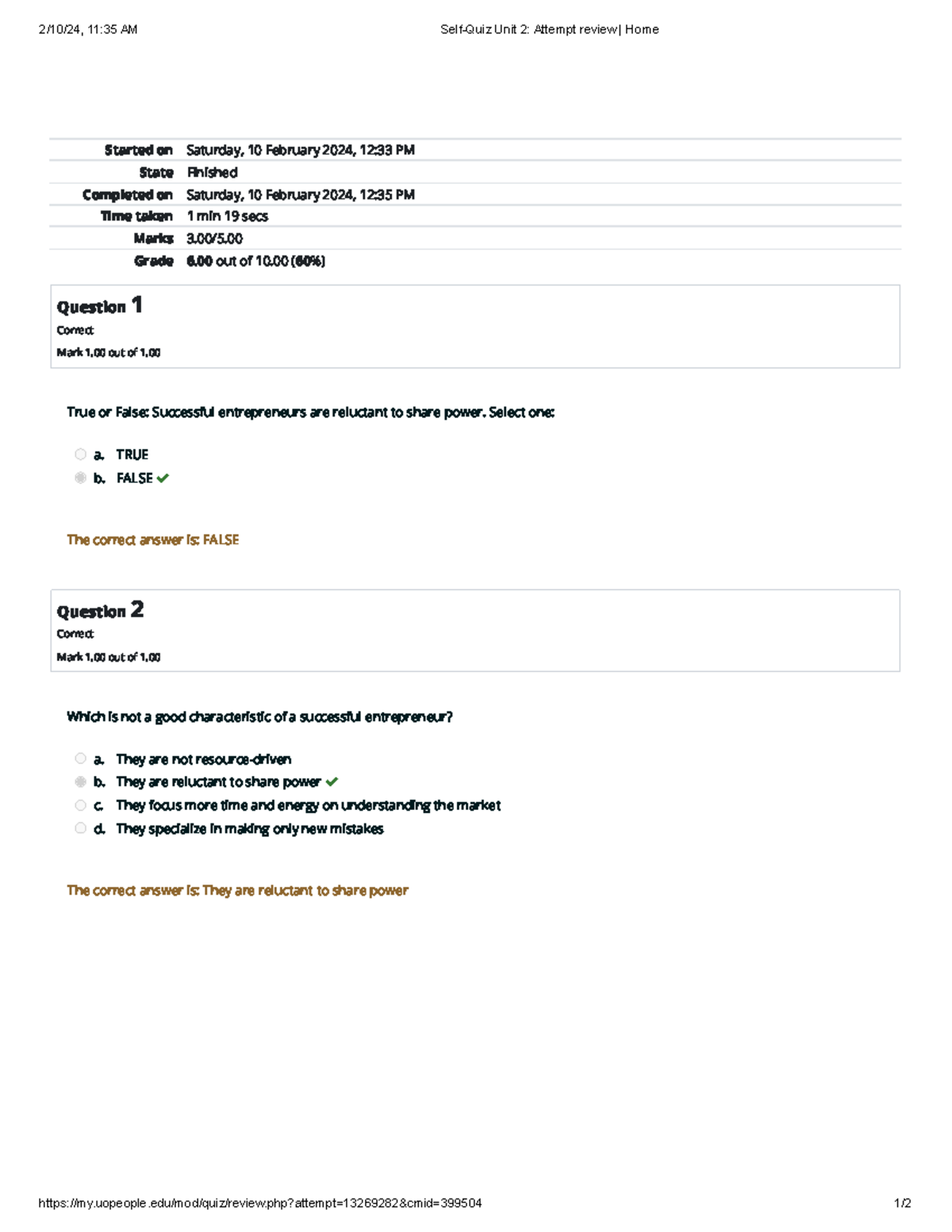 BUS 3303 Self-Quiz Unit 2 Attempt review 1 - 2/10/24, 11:35 AM Self ...