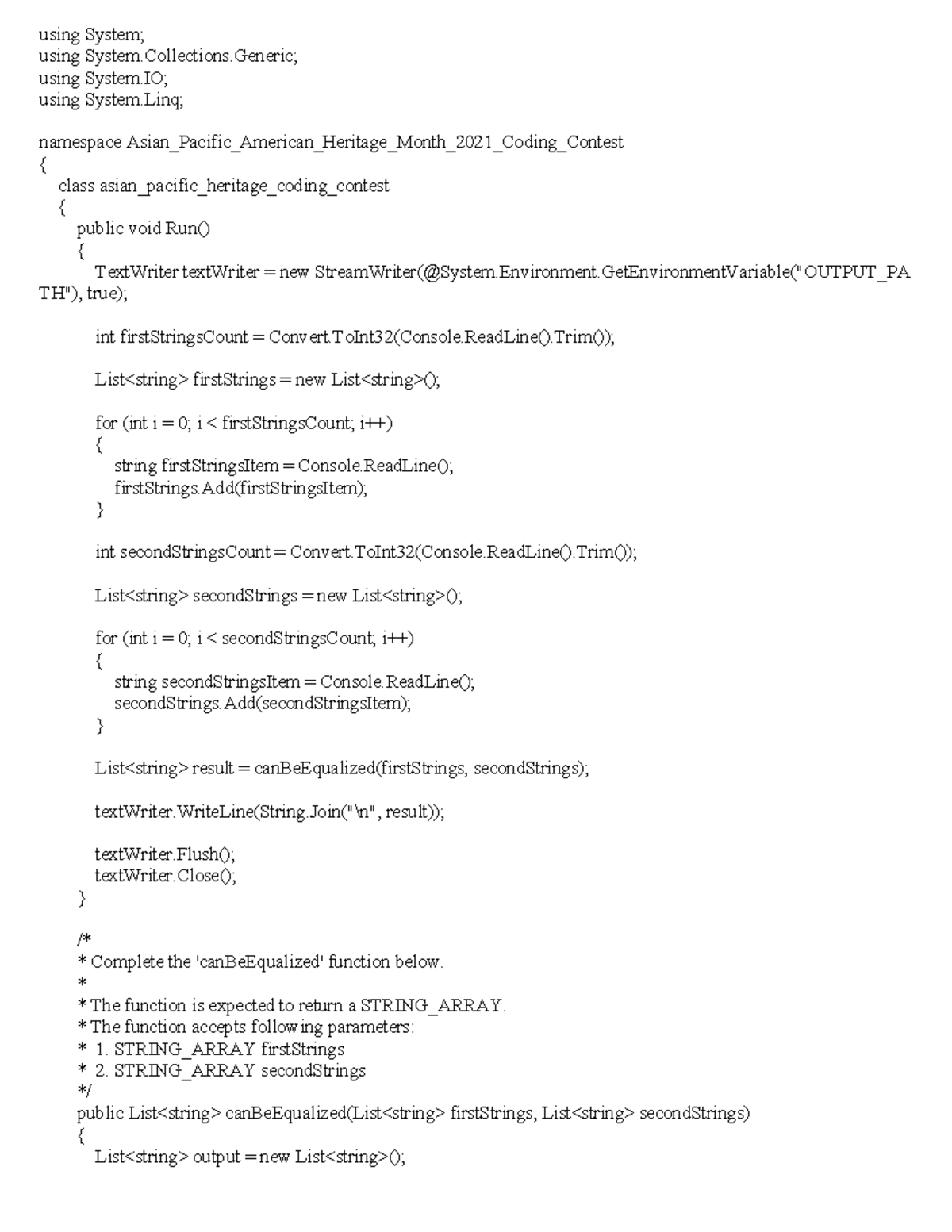 Asian pacific heritage coding contest - using System; using System ...