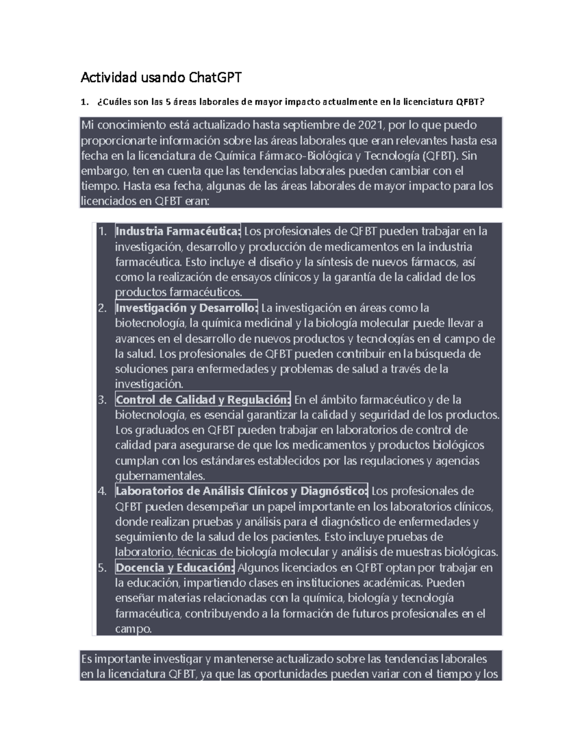 Actividad usando Chat GPT sobre QFBT - Actividad usando ChatGPT ¿Cuáles son las 5 áreas ...