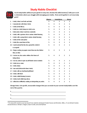 Study Skills Checklist - Center for Academic Success Study Habits ...