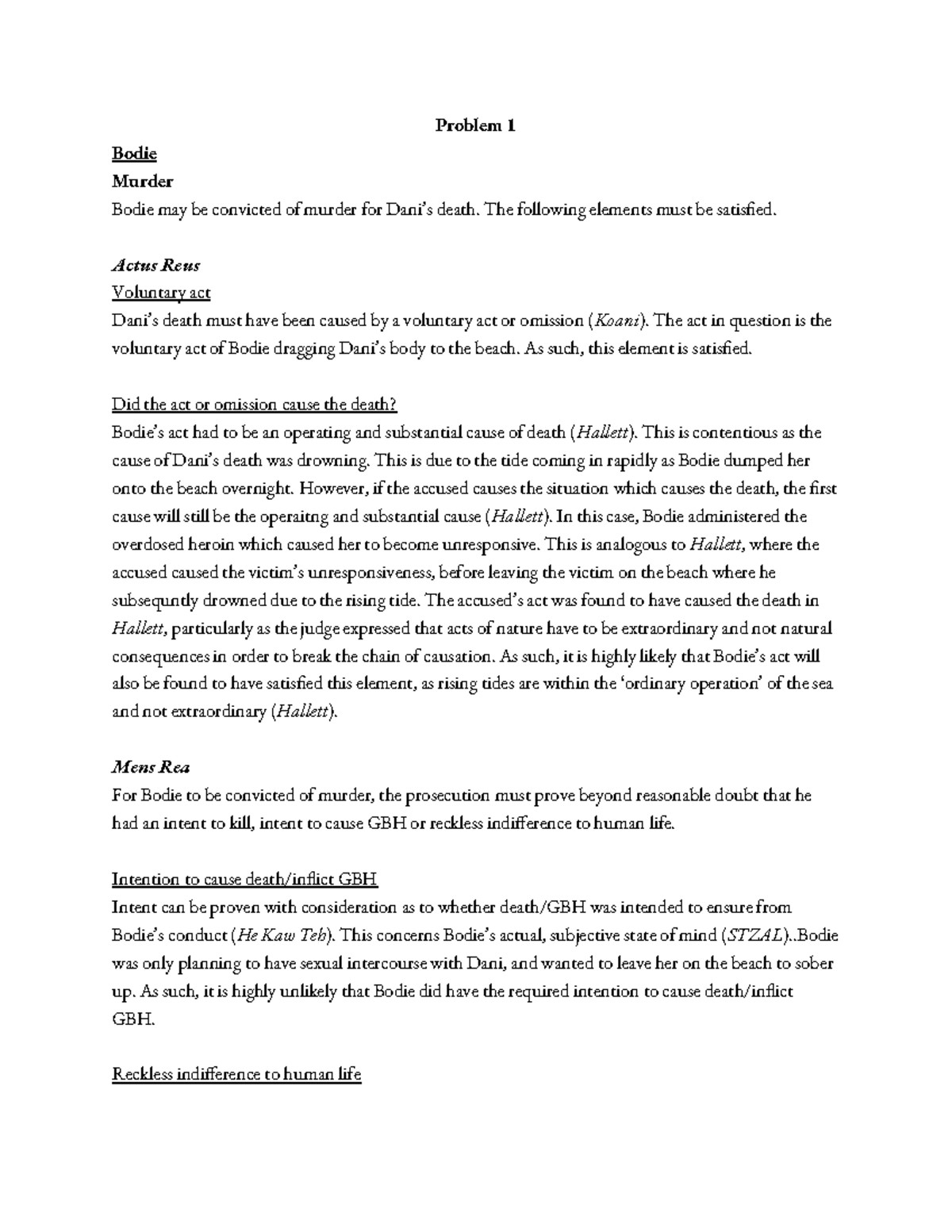 Morris - LAWS1016 Practice Exam Scaffold - Problem 1 Bodie Murder Bodie ...