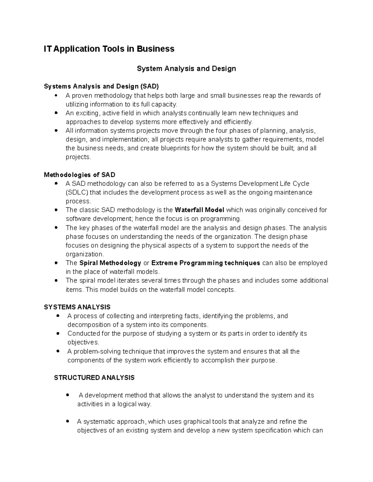 IT Application Tools in Business- System Analysis and Design - IT ...