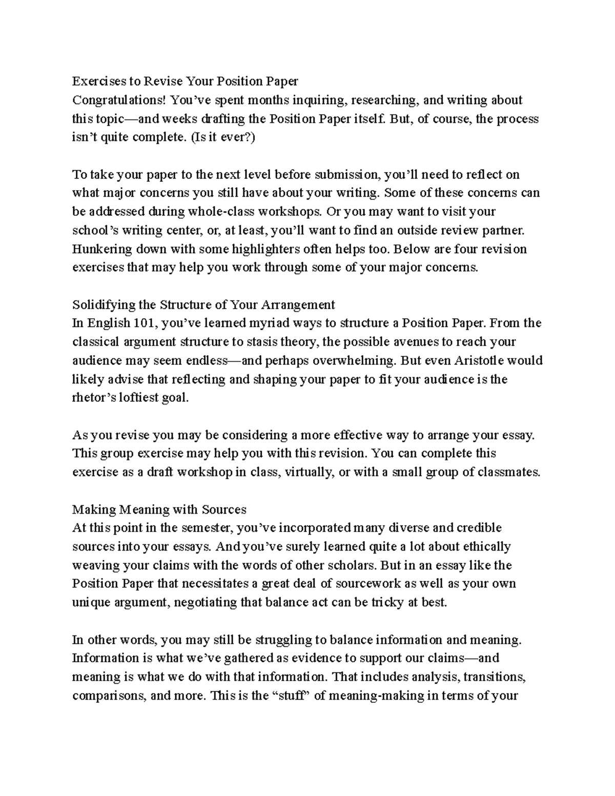 Rhetoric and Composition notes 8 - Exercises to Revise Your Position ...