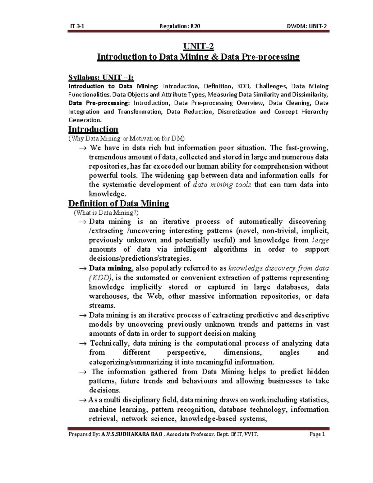 DWDM-UNIT-2 - Data warehouse and data mining - Prepared By: A.V.S RAO , Associate Professor ...