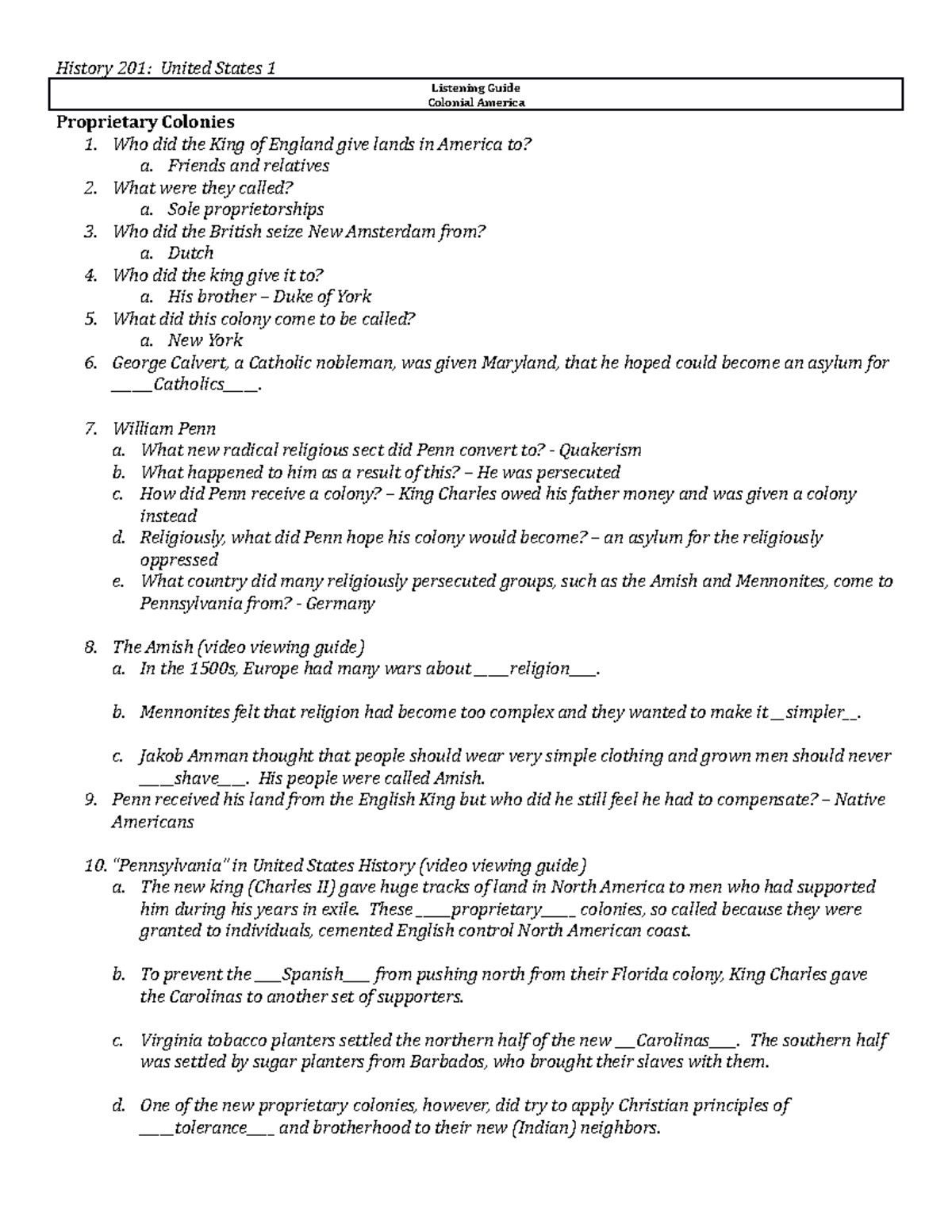 Colonial america (listening guide) - History 201: United States 1 ...