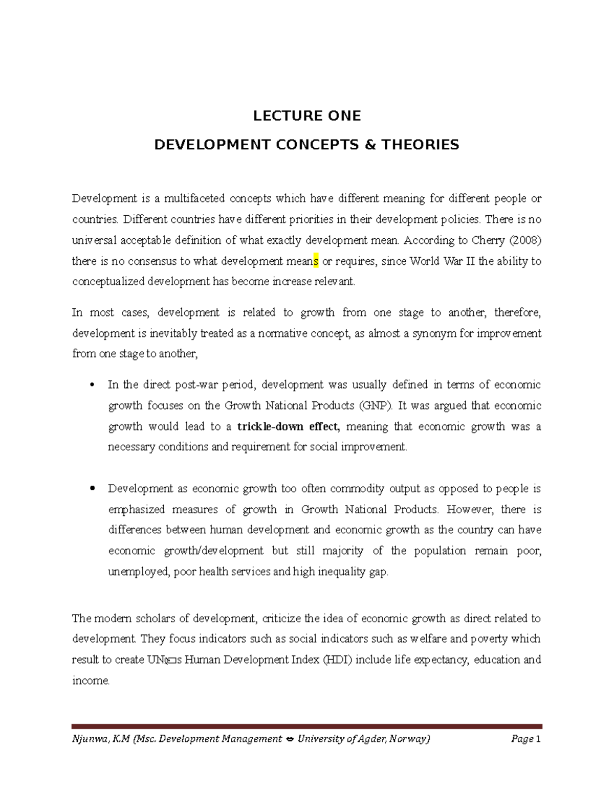 Development Studies FULL - LECTURE ONE DEVELOPMENT CONCEPTS & THEORIES ...
