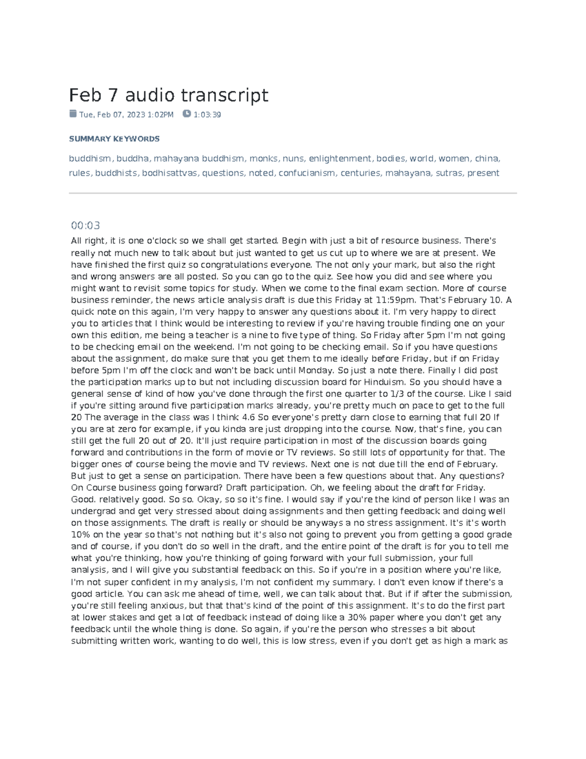 Feb 7 Transcript Class Lecture Feb 7 Audio Transcript Tue Feb 07 2023 102pm 103 Summary