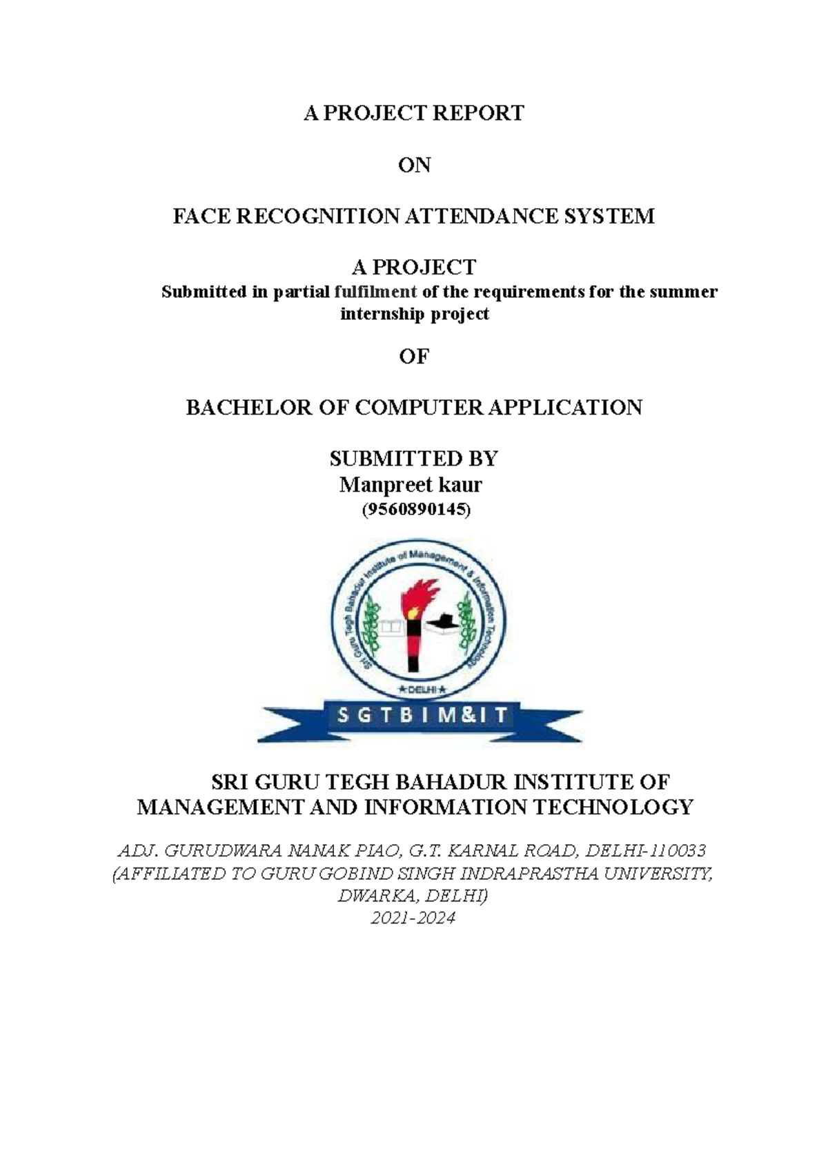 Synopsis - A PROJECT REPORT ON FACE RECOGNITION ATTENDANCE SYSTEM A ...