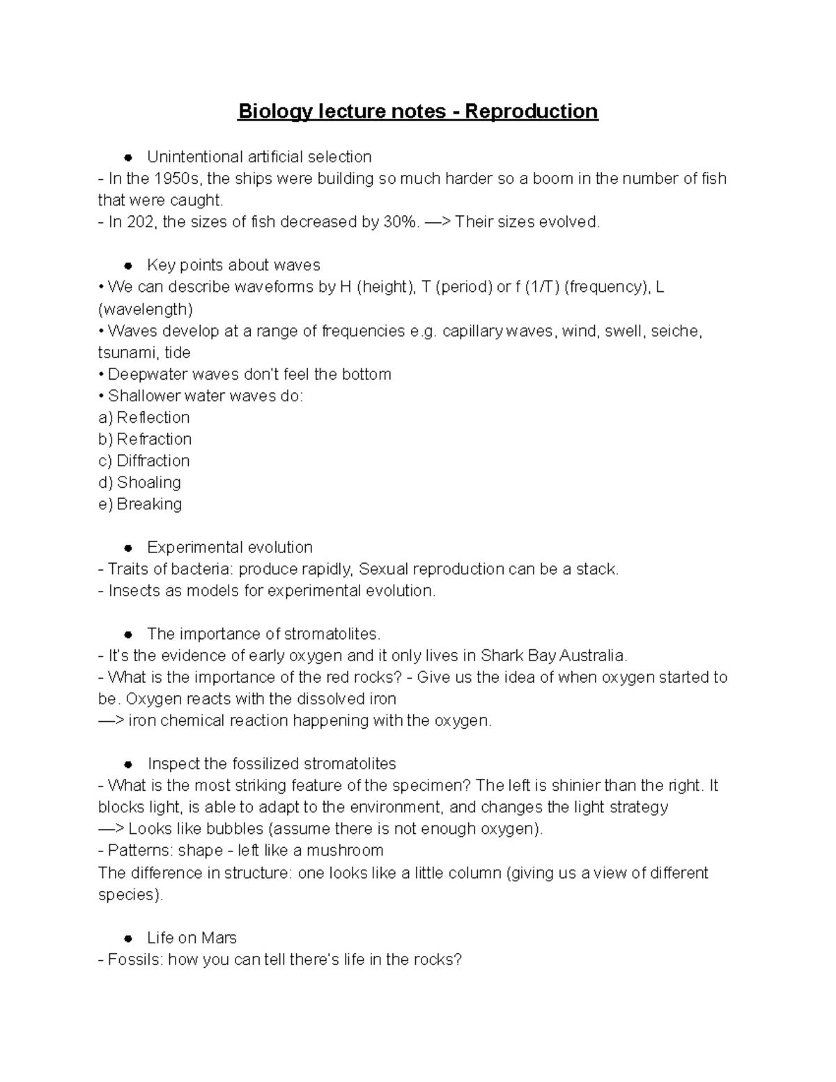 Biology lecture notes - Reproduction - In 202, the sizes of fish ...