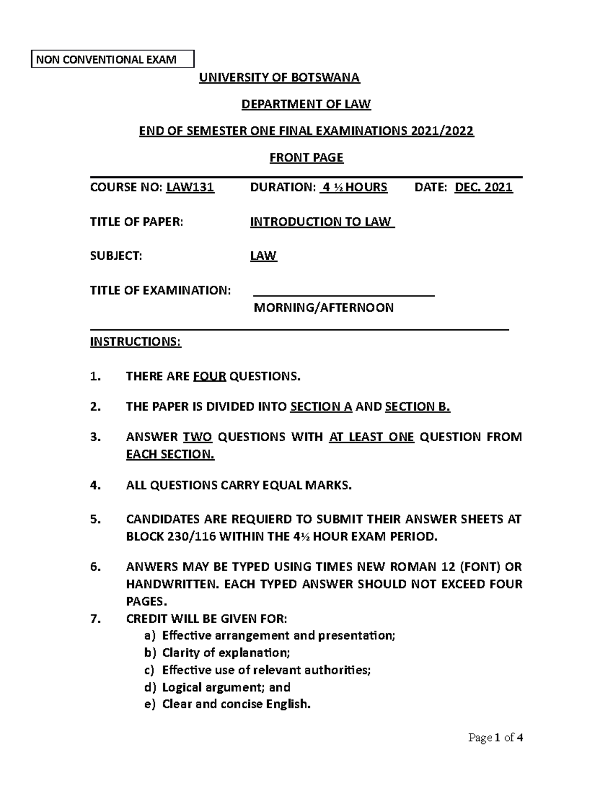 Final LAW 131 Nov 2021 Final (1) - NON CONVENTIONAL EXAM UNIVERSITY OF ...