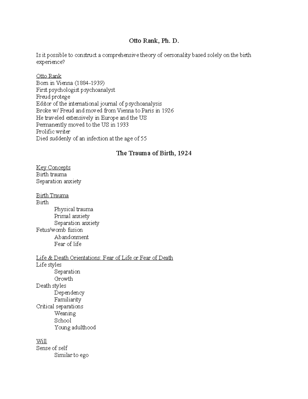 PY 368- Chapter 6, Otto Rank - Otto Rank, Ph. D. Is it possible to ...