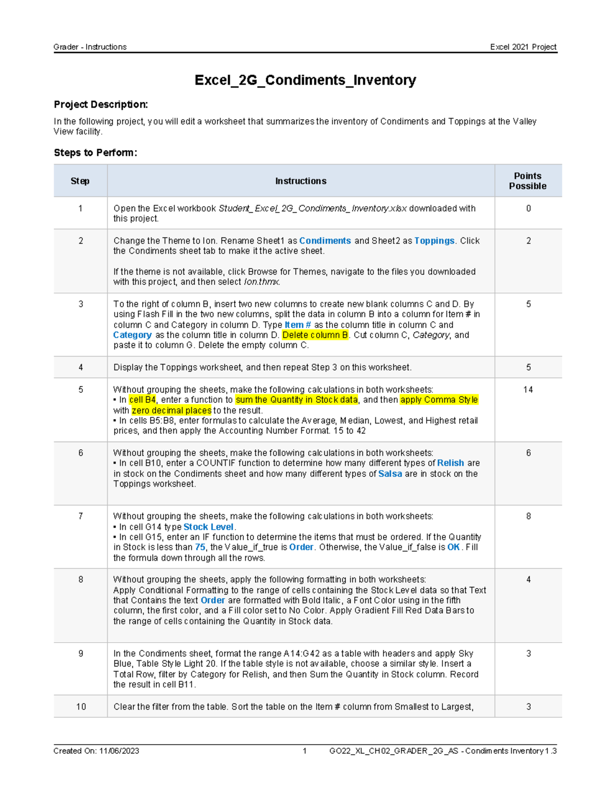Excel 2G Condiments Inventory Instructions - Grader - Instructions Excel 2021 Project - Studocu