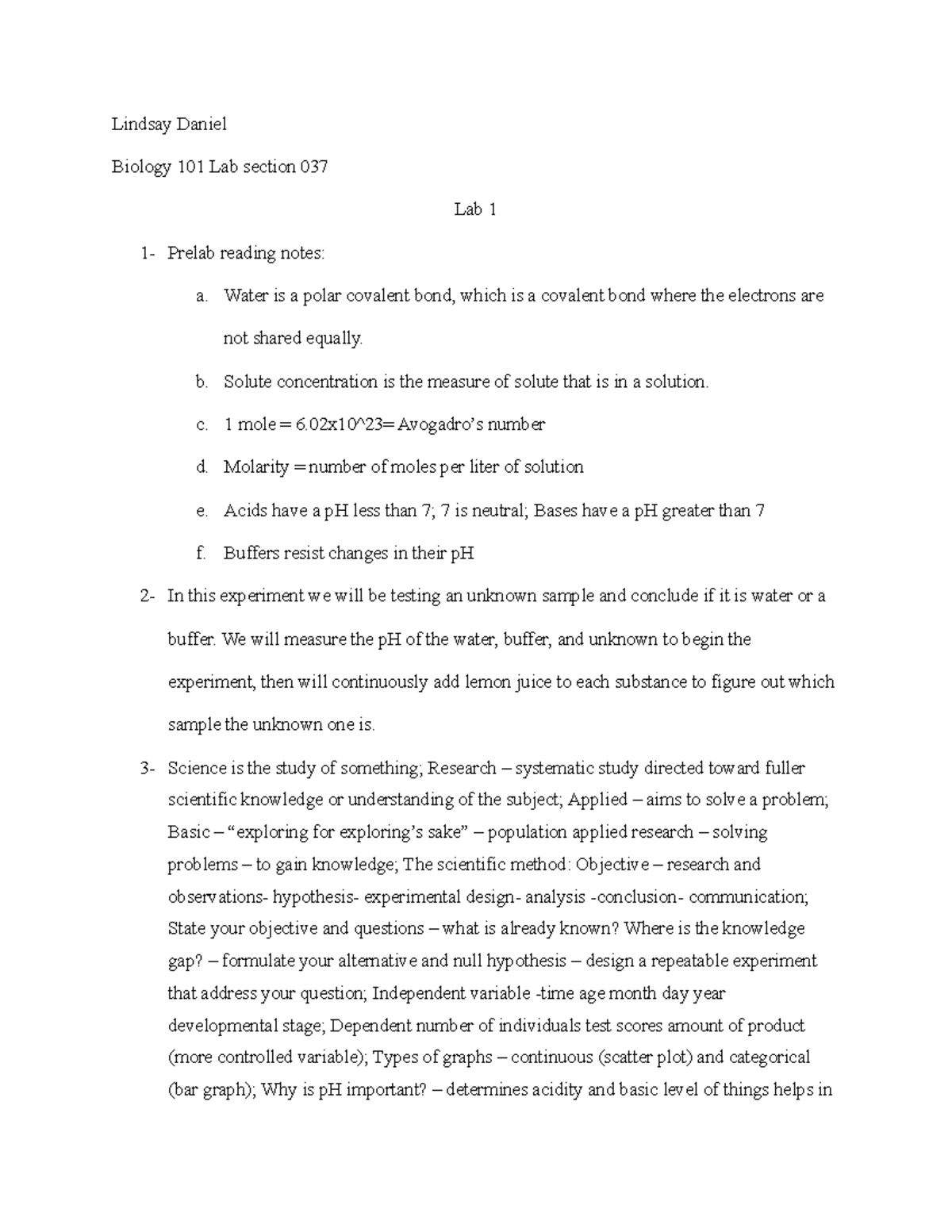 Lab notebook entry 1-5 - Lindsay Daniel Biology 101 Lab section 037 Lab ...