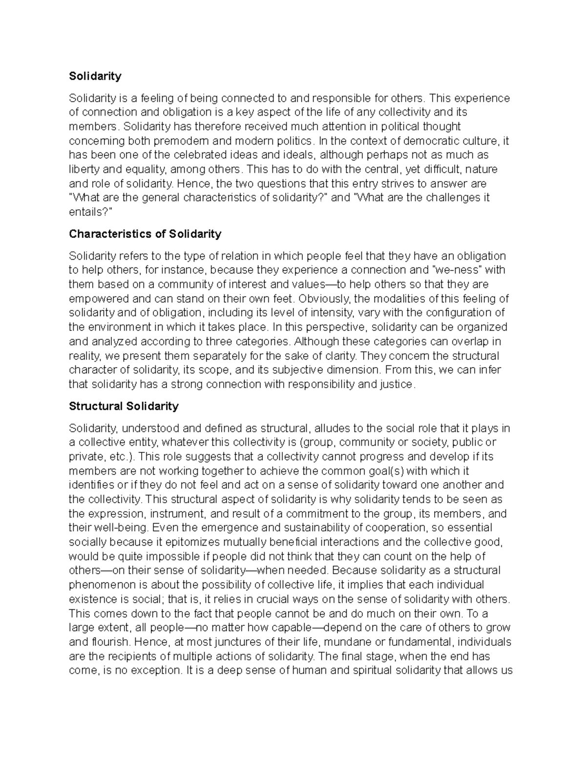 Solidarity - Solidarity Solidarity is a feeling of being connected to ...