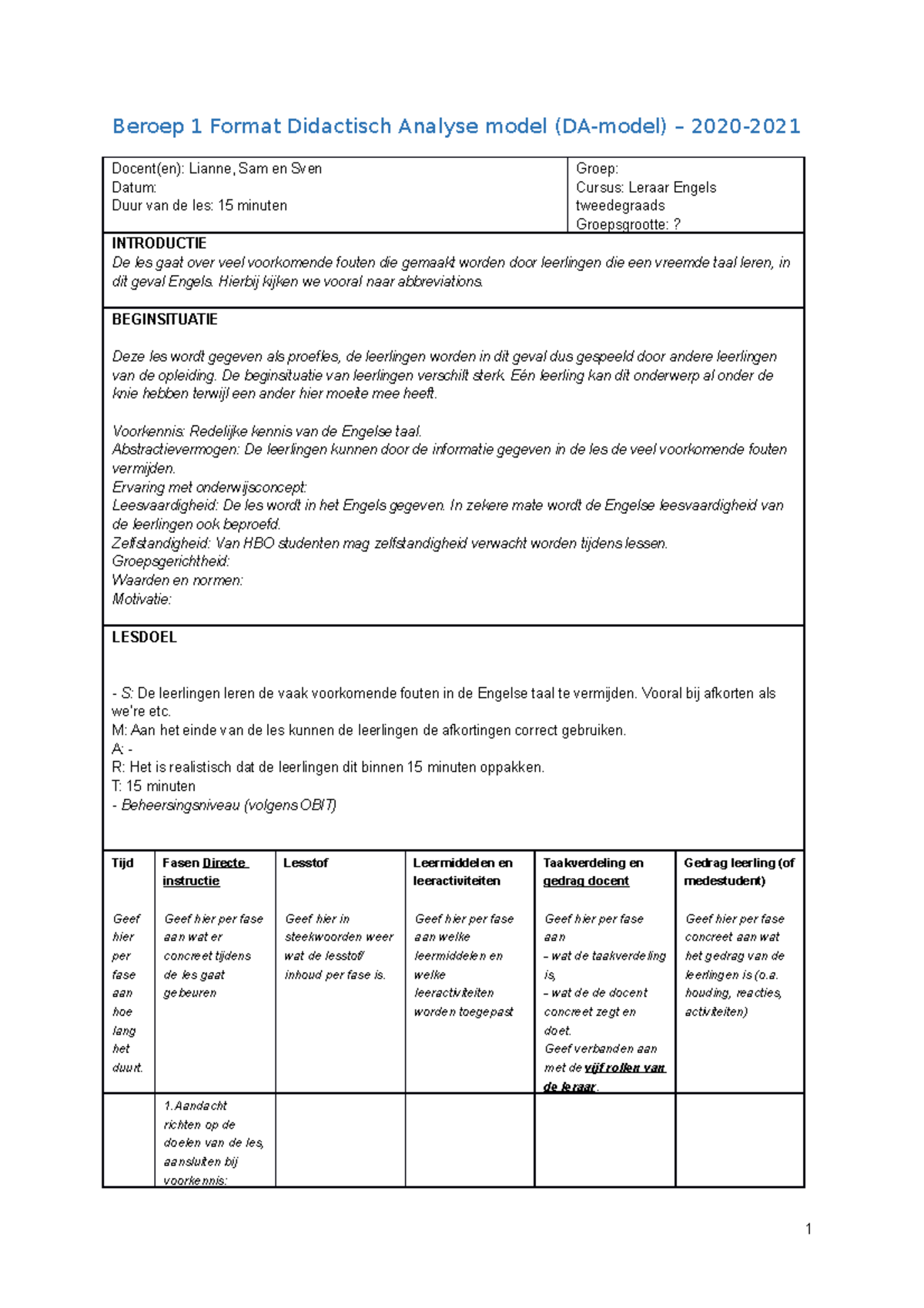 Beroep 1 Format DA model - 2020-2021 - Beroep 1 Format Didactisch ...