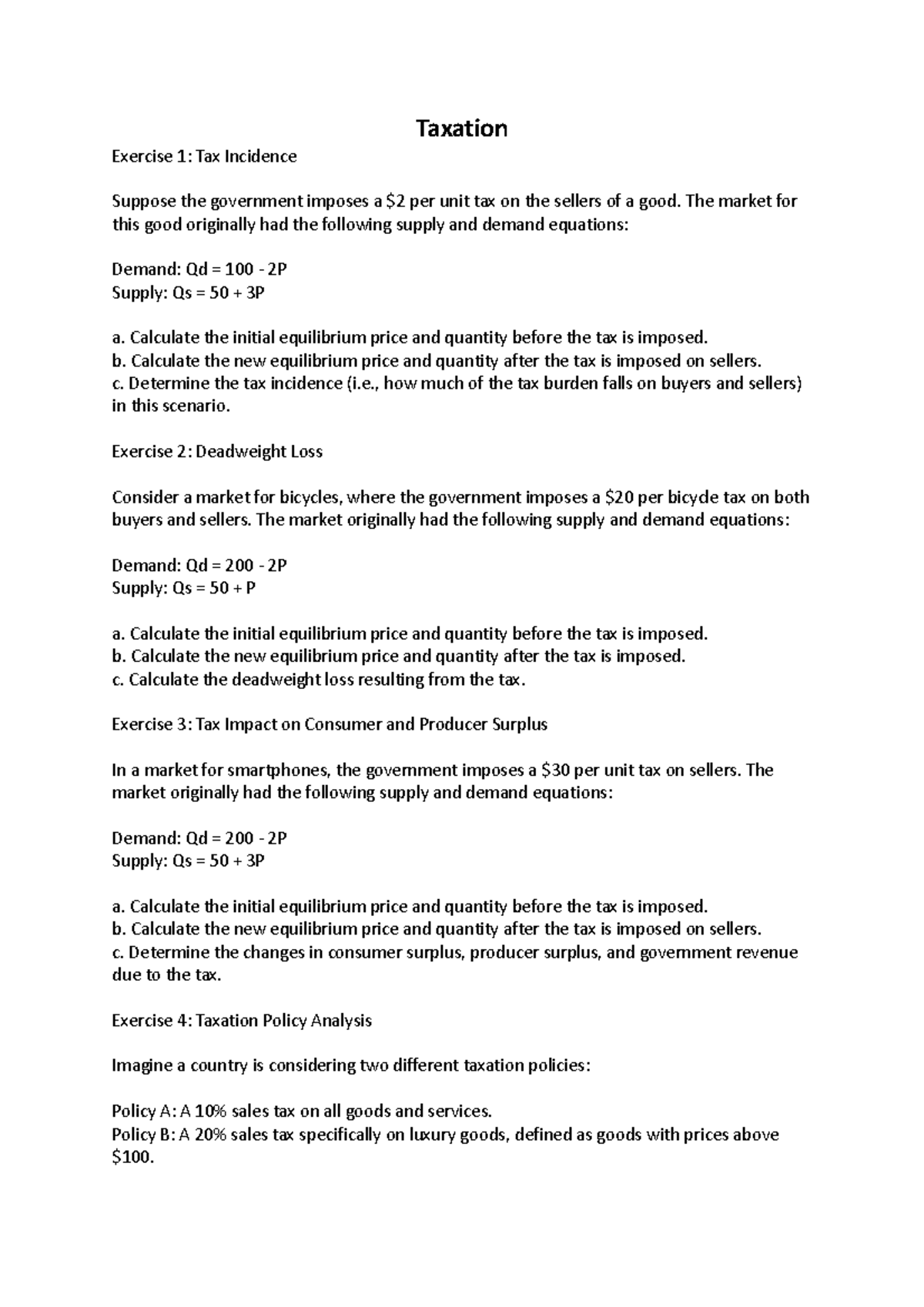 Taxation - Exercise tutorial - Taxation Exercise 1: Tax Incidence ...