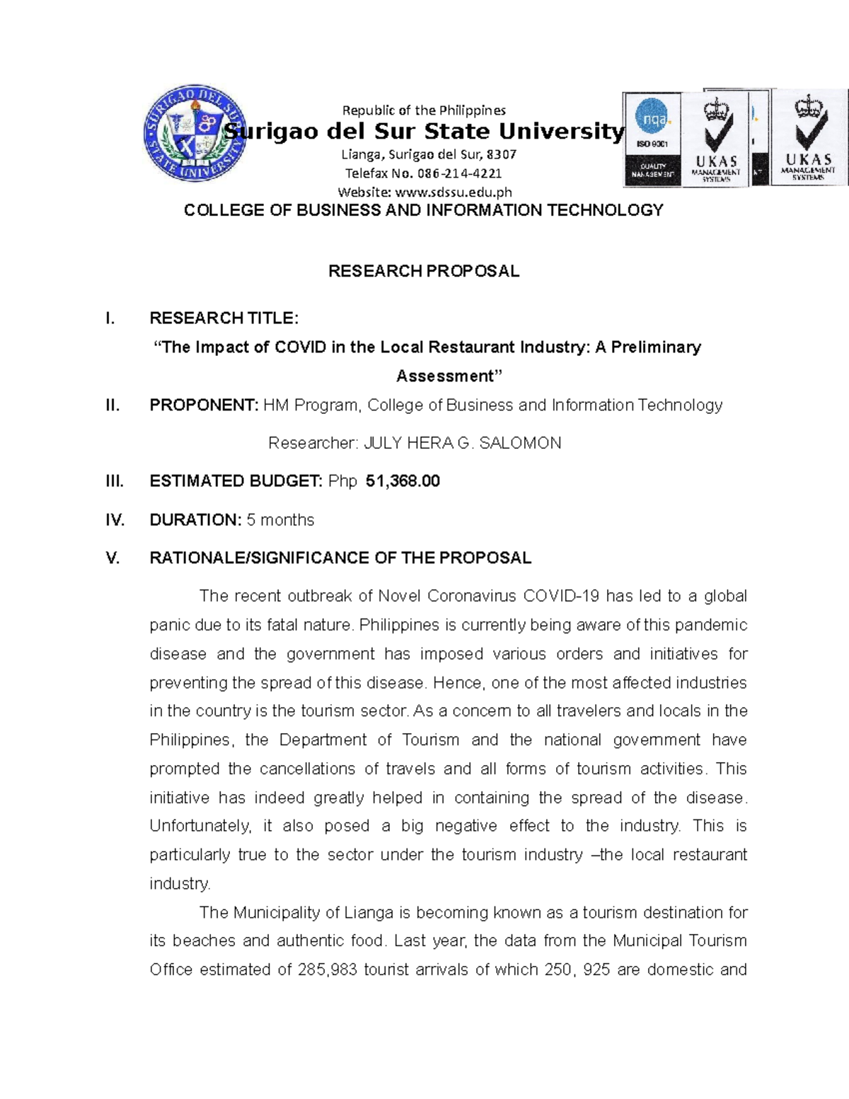 Revised Research Covid Proposal - Republic of the Philippines Surigao ...