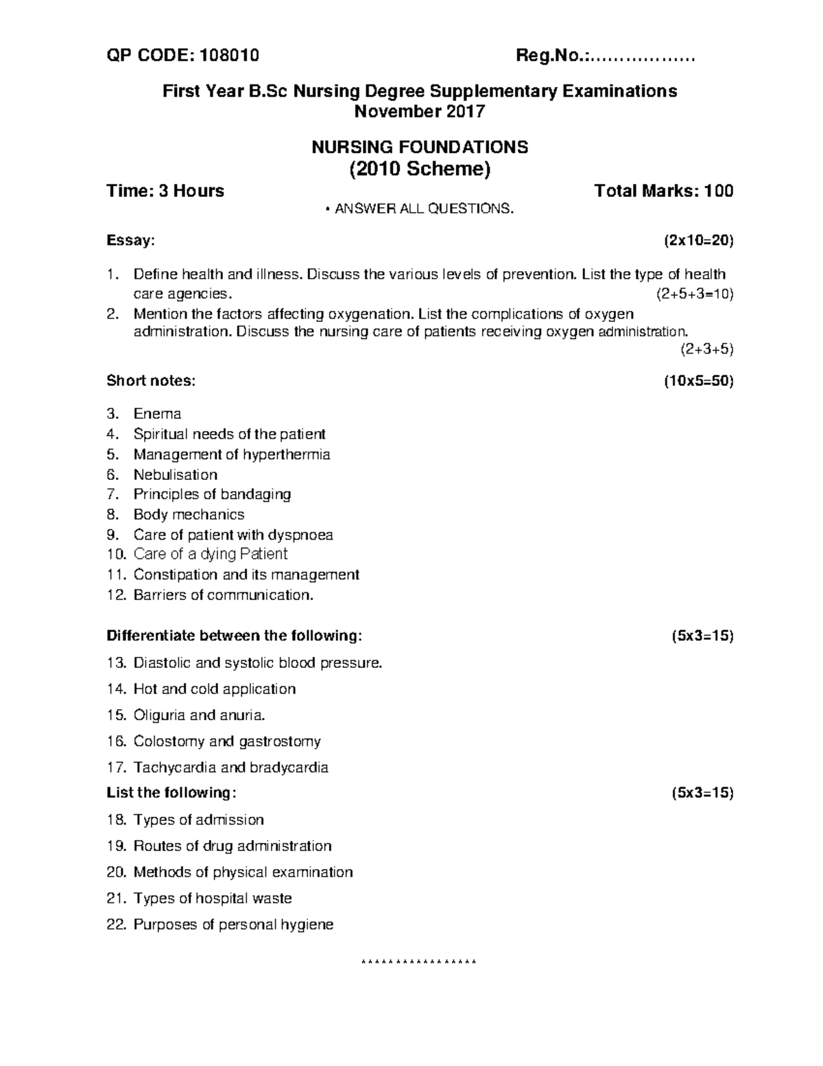 108010 - Previous Questions First Year Bsc Nursing - QP CODE: 108010 ...