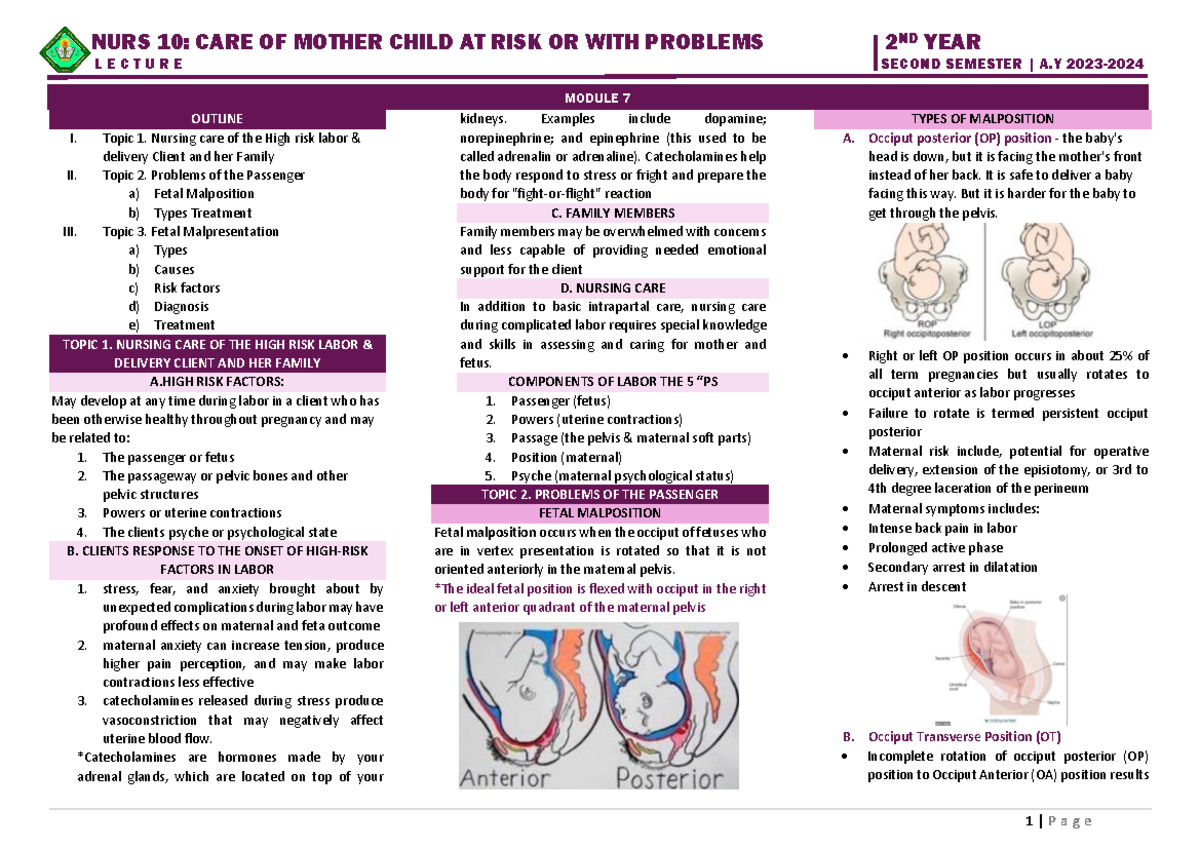 MCN Module 7 10 - Bsn - L E C T U R E SECOND SEMESTER | A 2023- MODULE ...