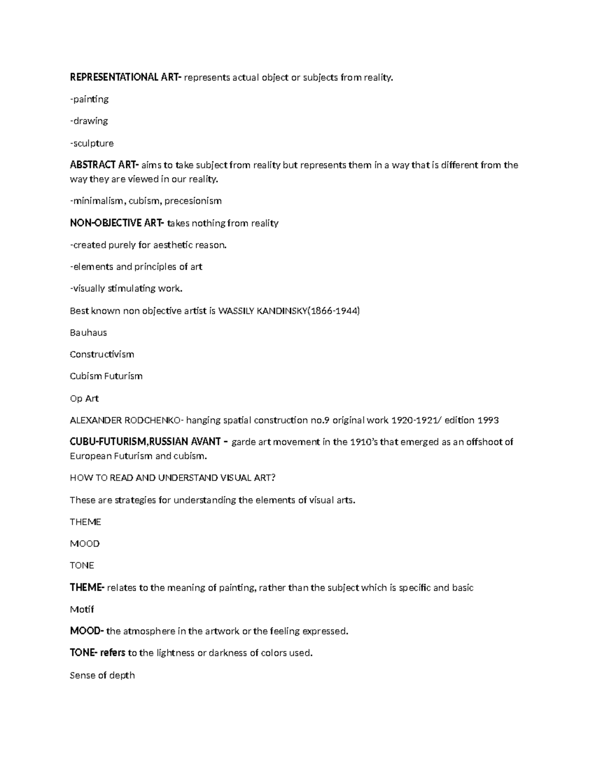 Revisa- Notes - REPRESENTATIONAL ART- represents actual object or ...