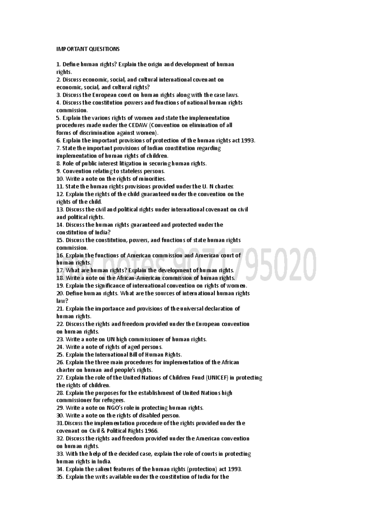 Human Rigjhts Important Question - IMPORTANT QUESITIONS Define human ...