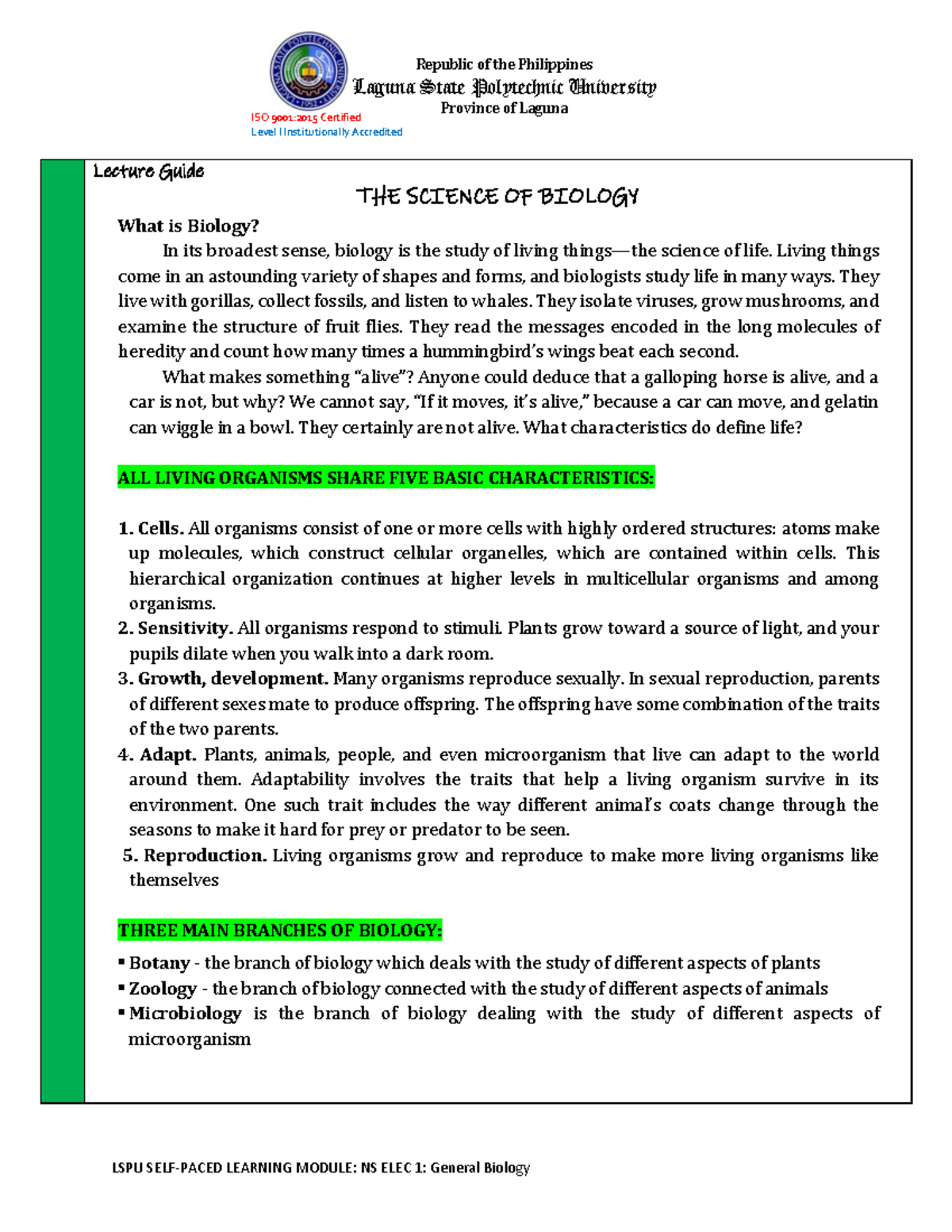 Lec 1 genbio - about lec on gen bio for 1st yr students - ISO 9001:2015 ...